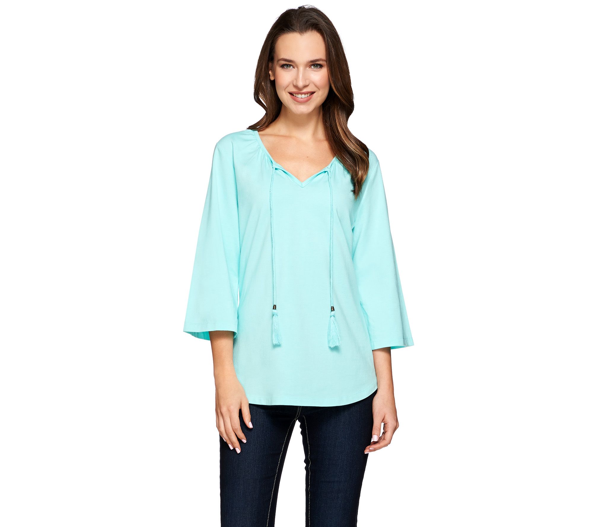 Denim & Co. Scoop Neck 3/4 Sleeve Peasant Top with Neck Ties - QVC.com
