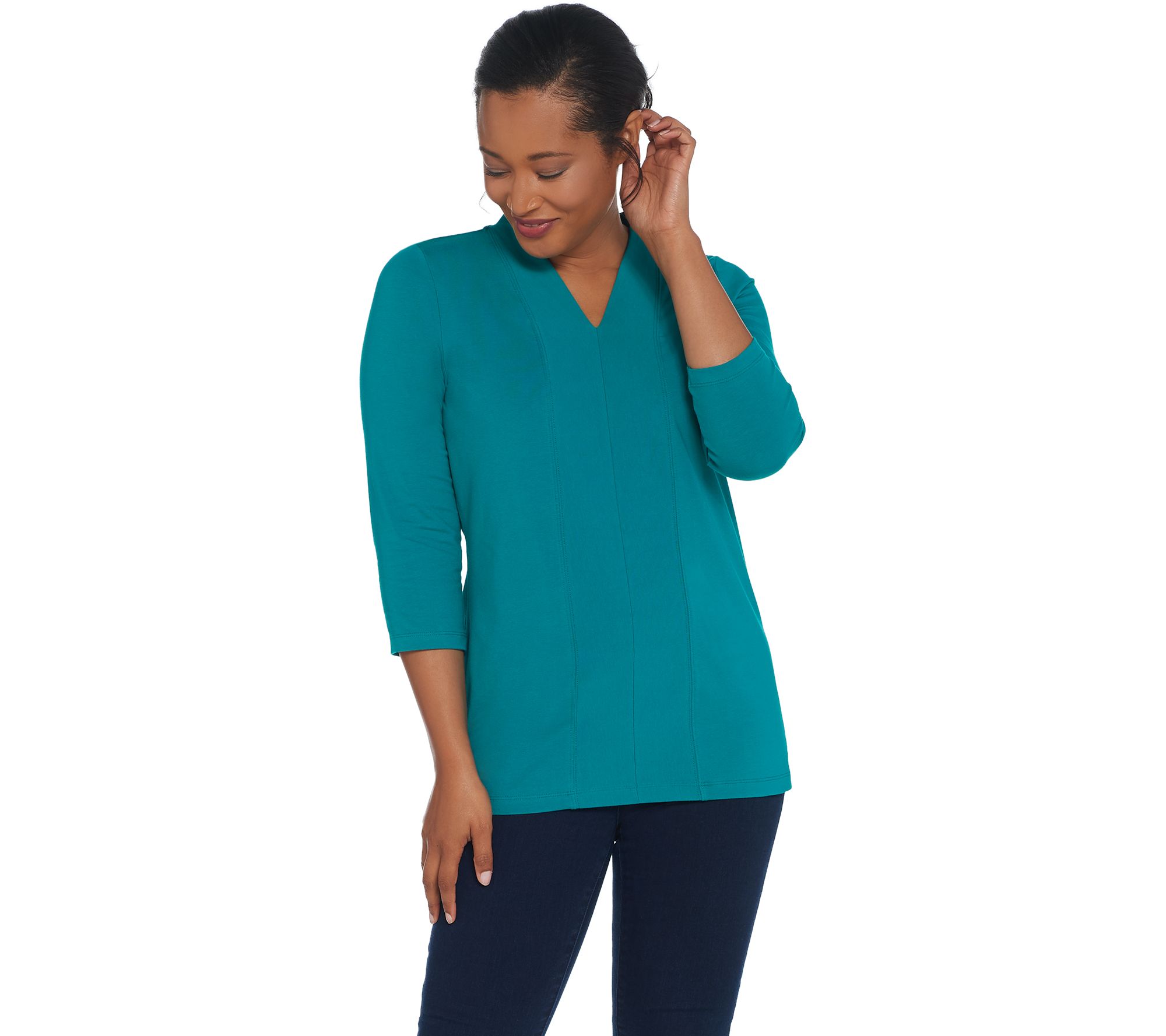 "As Is" Denim & Co. Essentials Perfect Jersey V-Neck 3/4 Sleeve Top ...