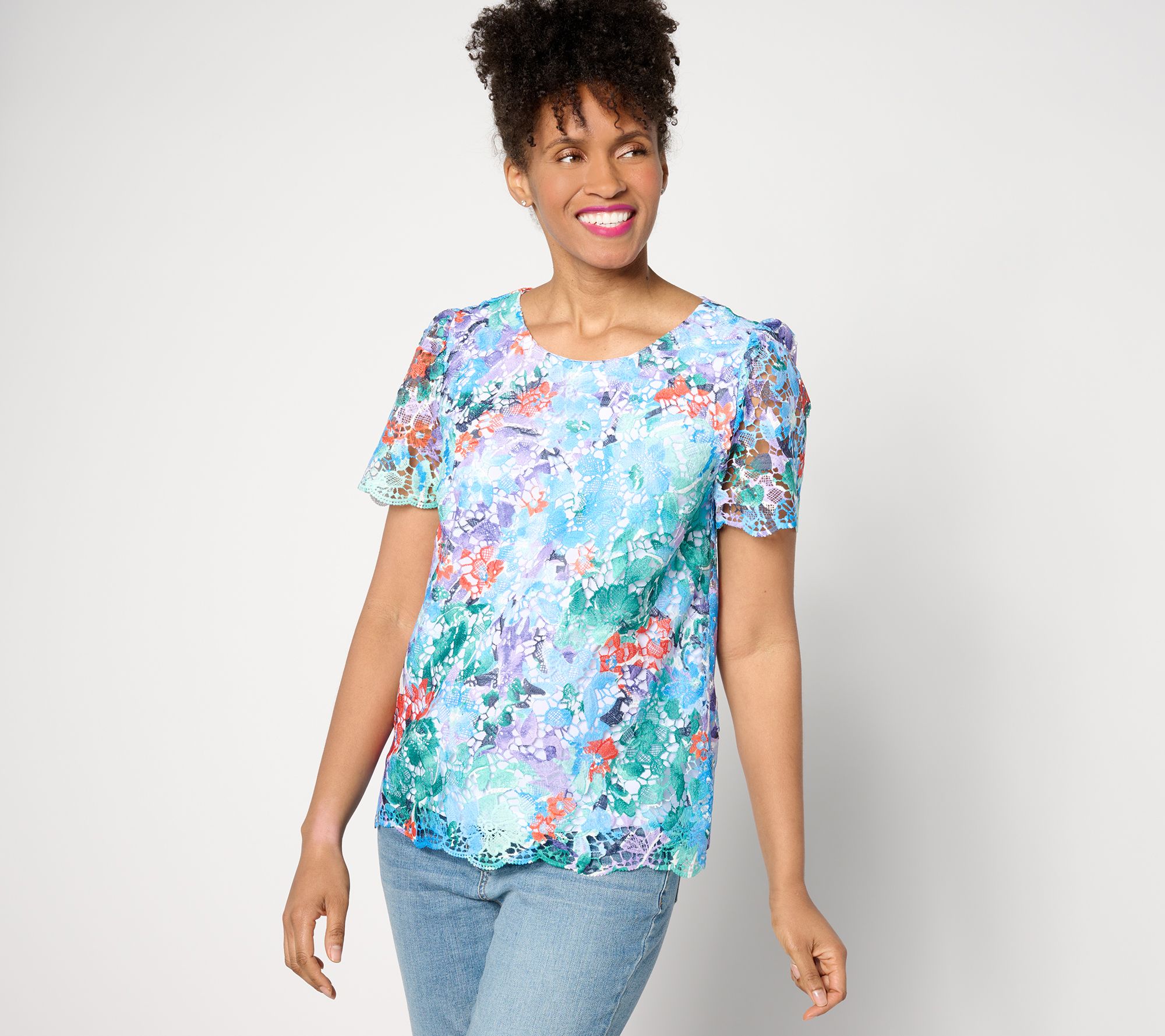 As Is Susan Graver Occasion Printed Lace Short Sleeve Top