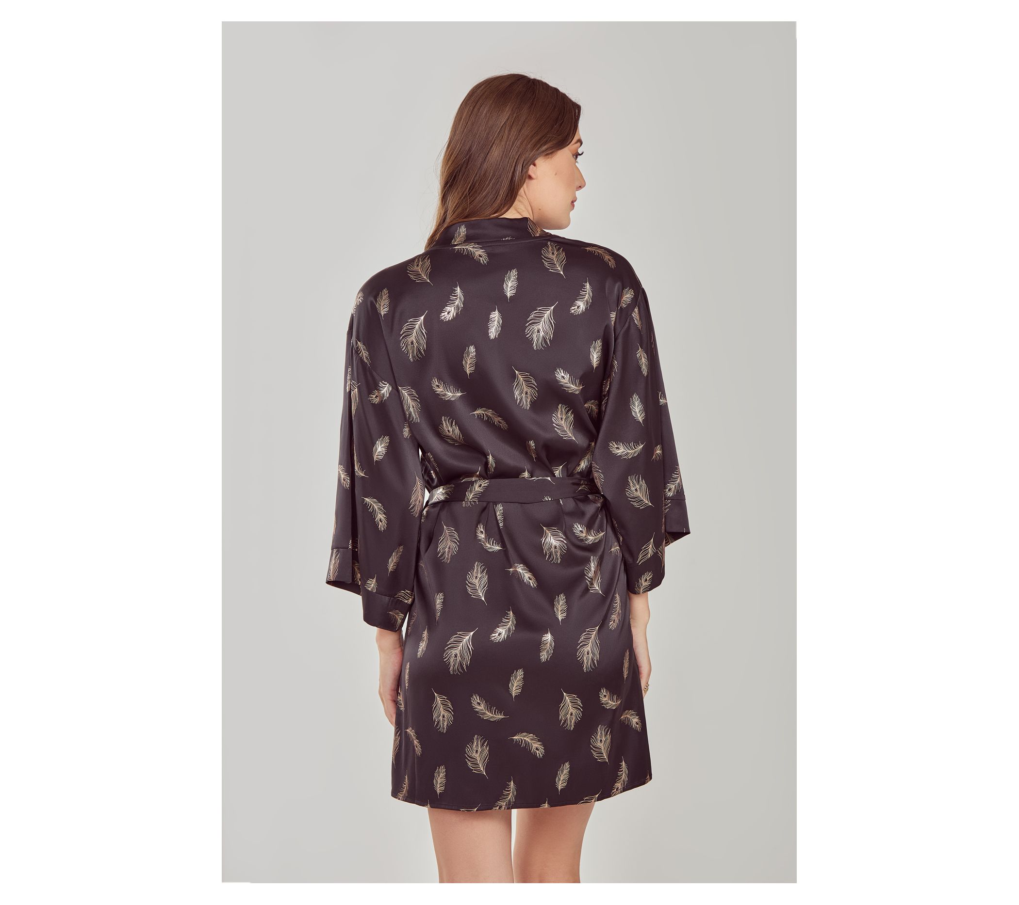 iCollections Foil Feather Print Short Tie-Waist Robe - QVC.com