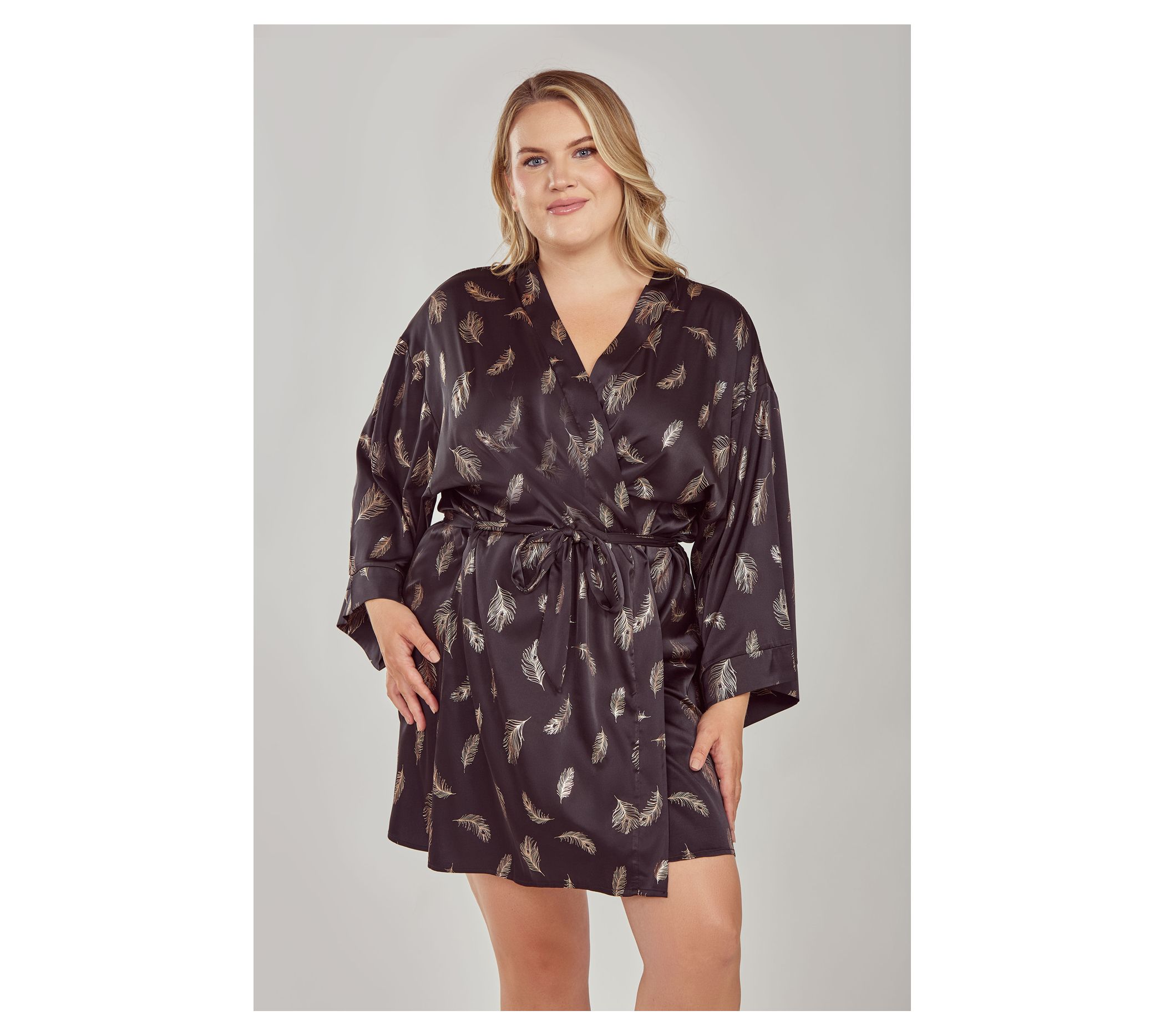 iCollections Foil Feather Print Short Tie-Waist Robe - QVC.com