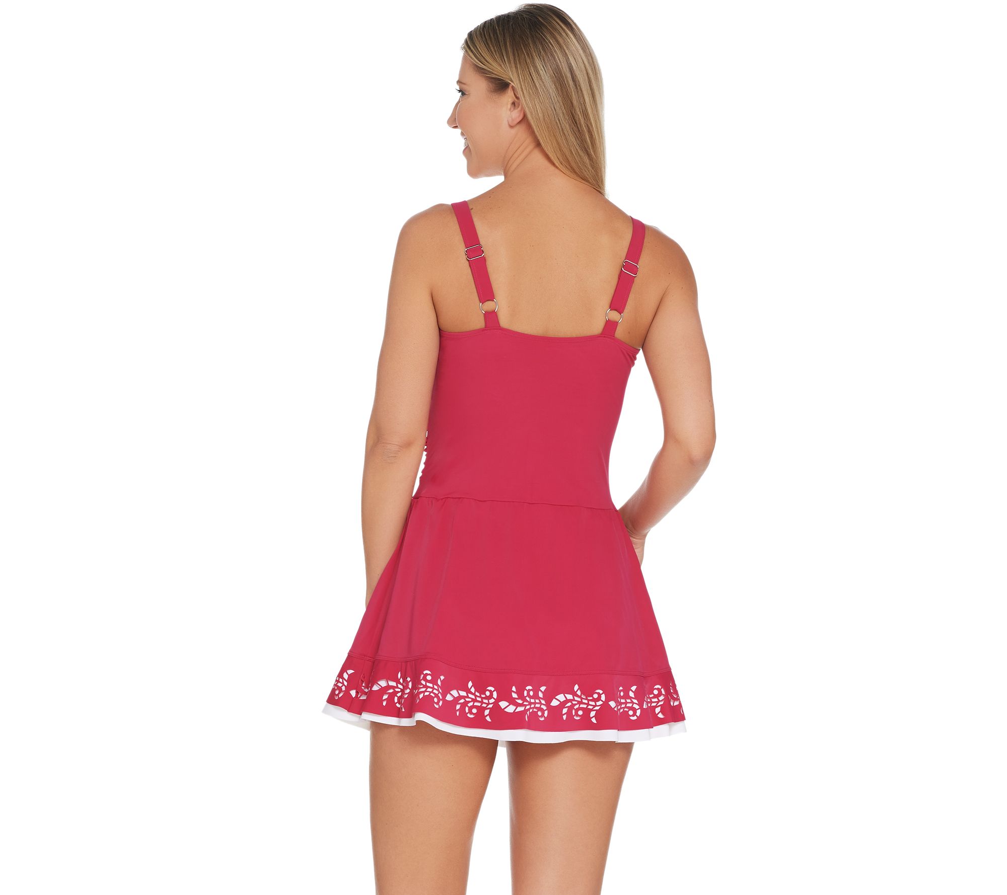 Denim & Co. Beach Ruched Swim Dress with Laser Cut Hem - QVC.com
