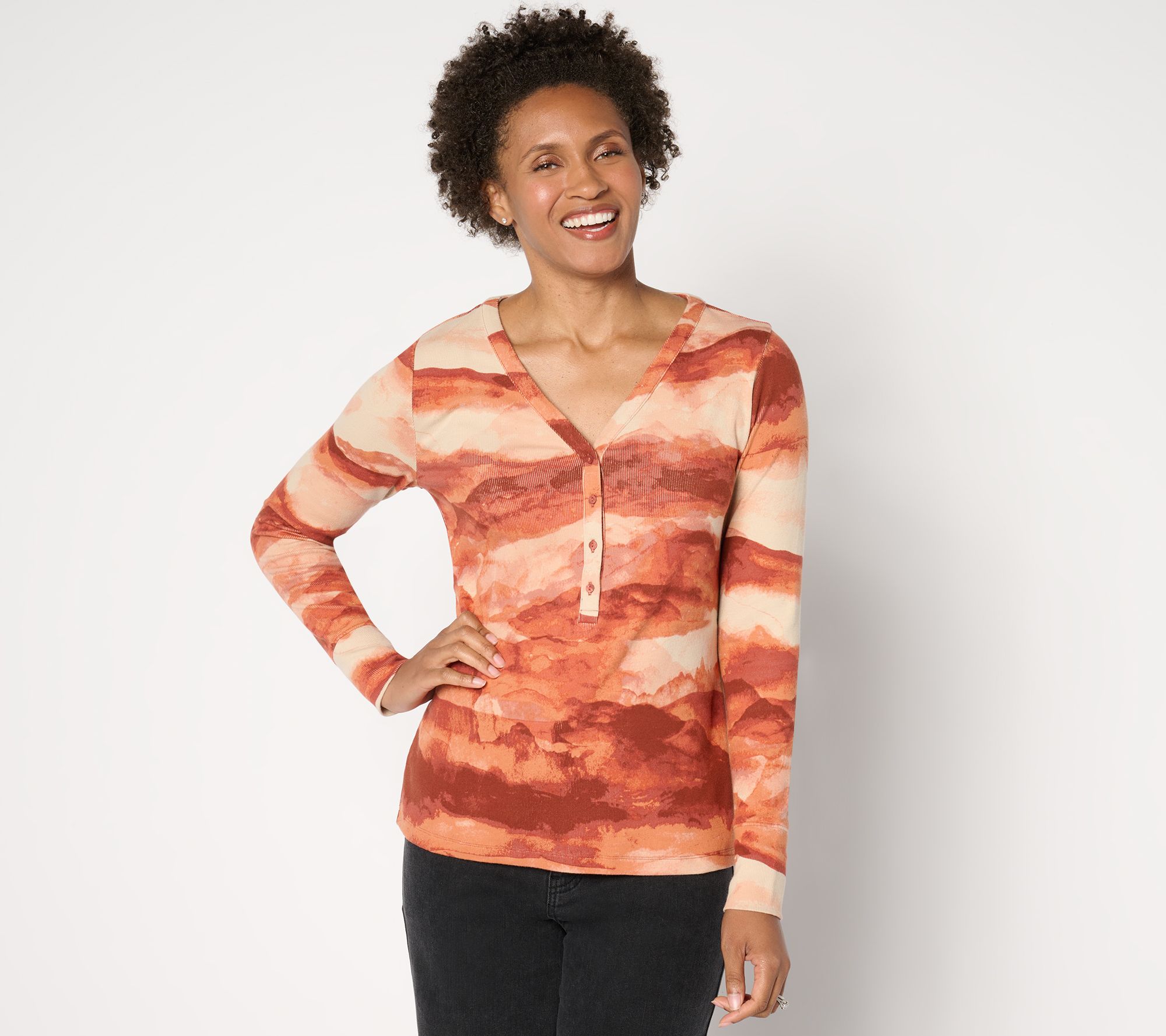 Me by Jennie Garth Bryce Printed Rib Knit Henley Top - QVC.com