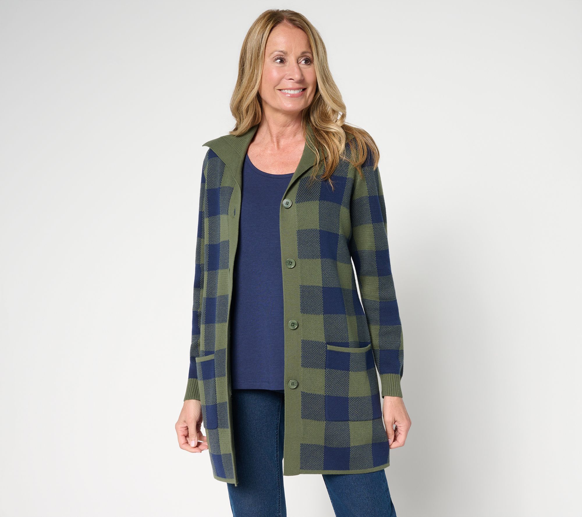 Denim & Co. Plaid or Solid Button Front Sweater Tunic Cardigan - QVC.com