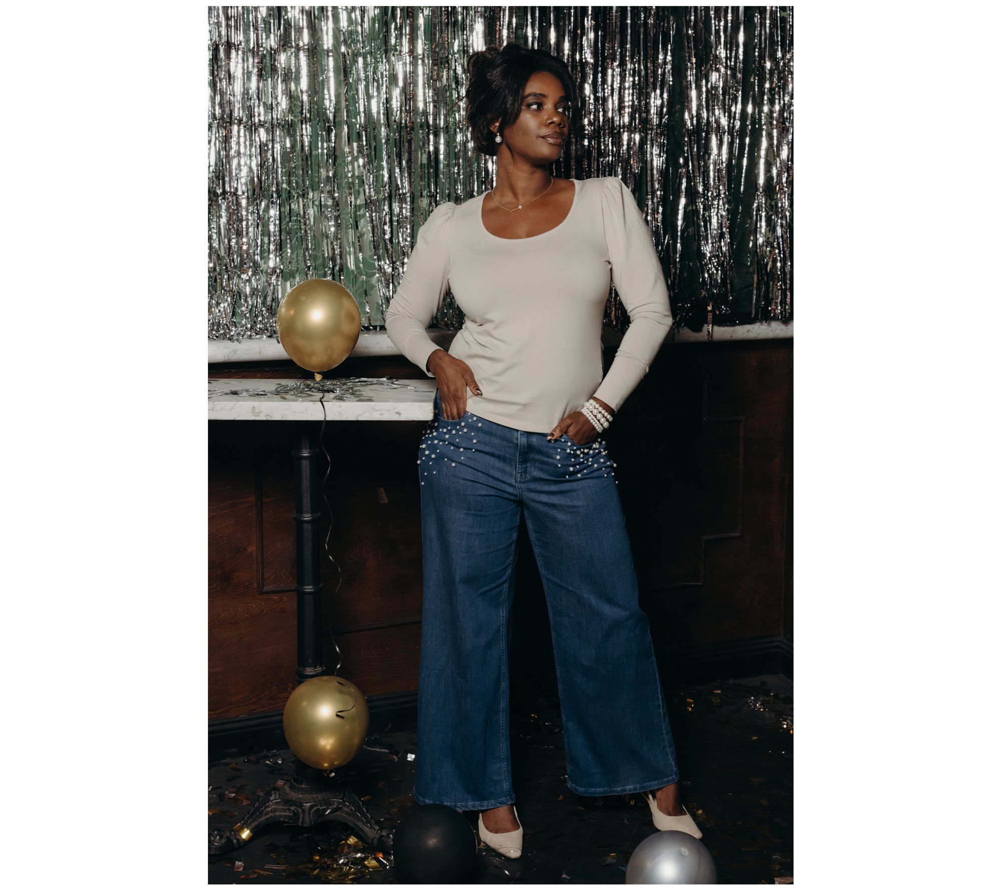 Me by Jennie Garth Wide Leg Jean with Pearl Detail - QVC.com