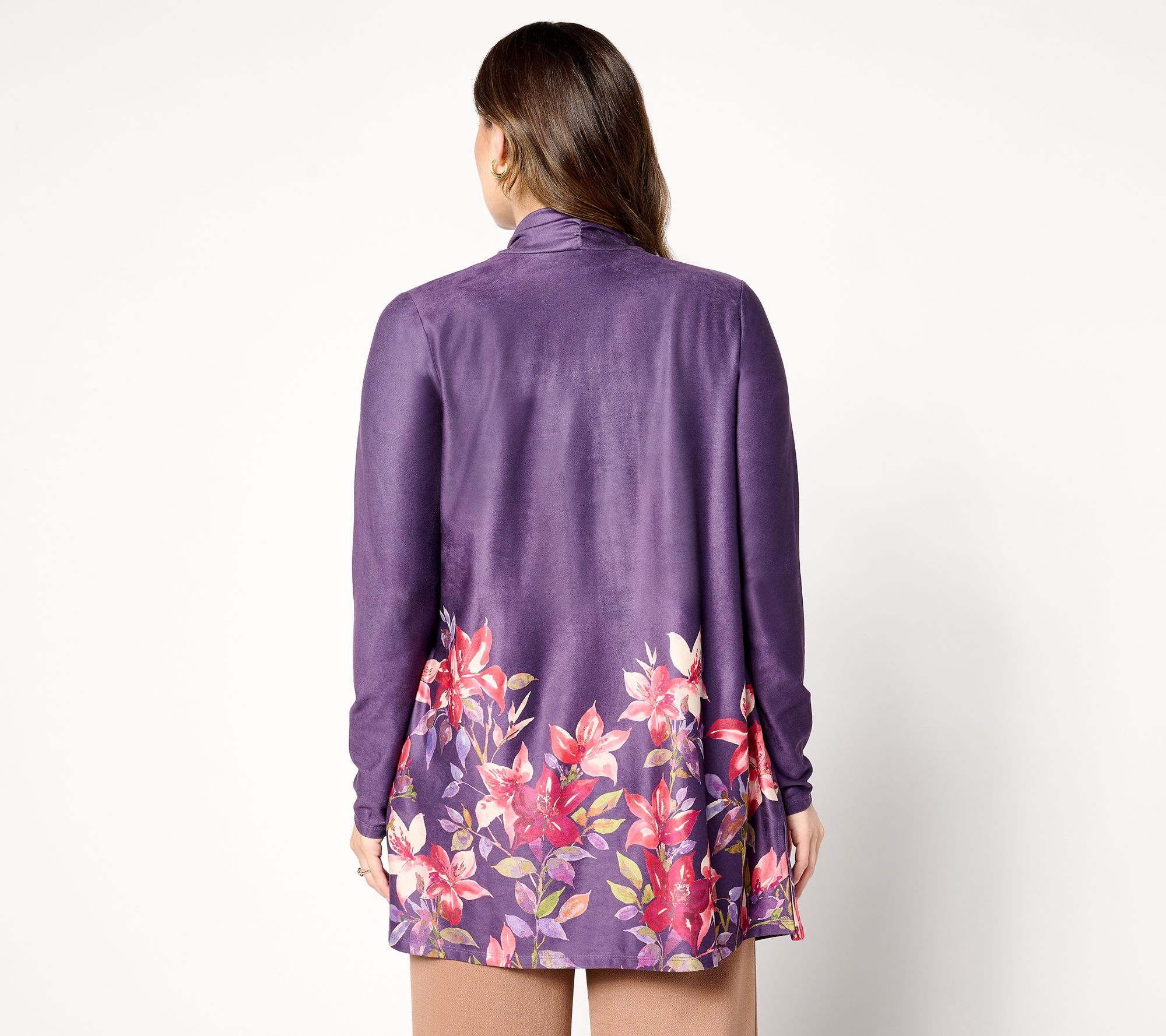 "As Is" Susan Graver Petite Printed Faux Suede Open Front Duster - QVC.com