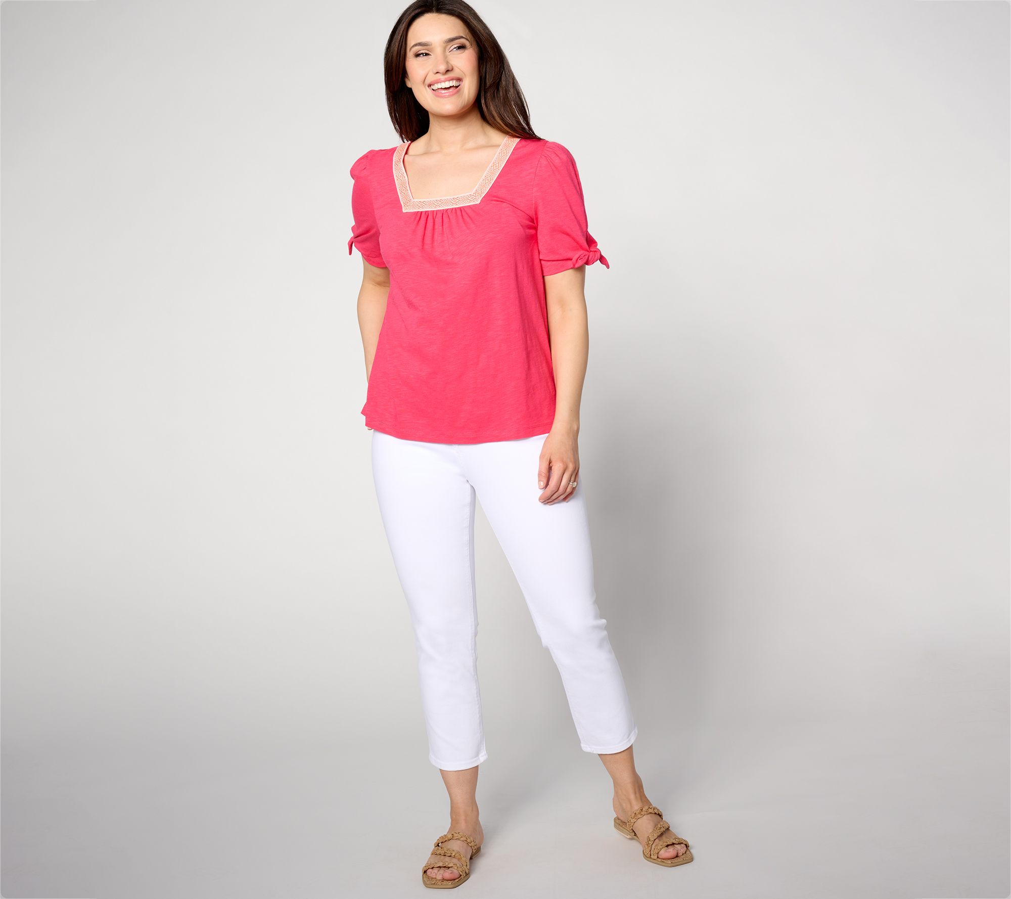 Susan Graver Weekend Textured Tie Sleeve Top with Neck Trim - QVC.com