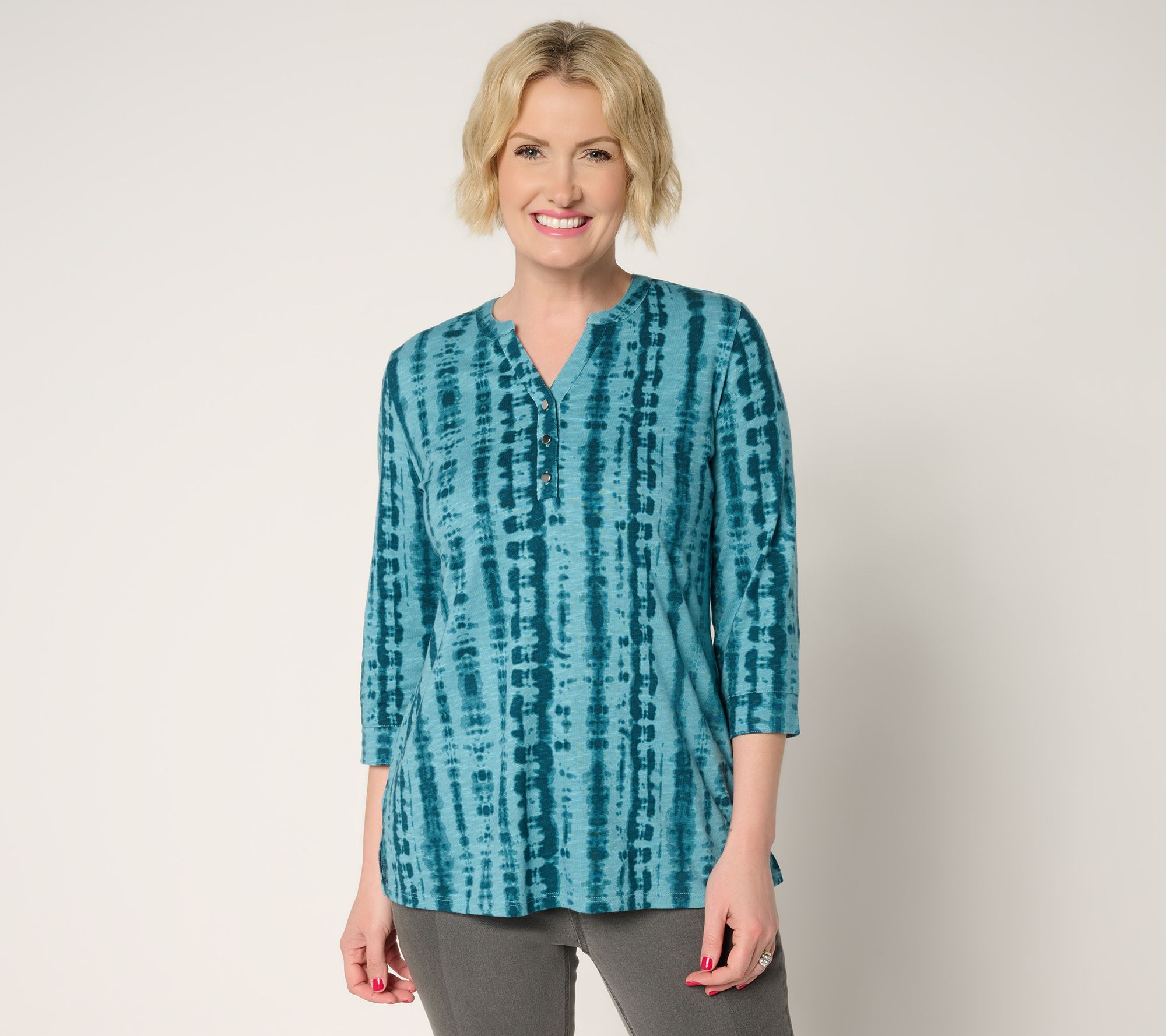 Denim & Co. Printed Texture Knit 3/4 Sleeve Henley Tunic - QVC.com