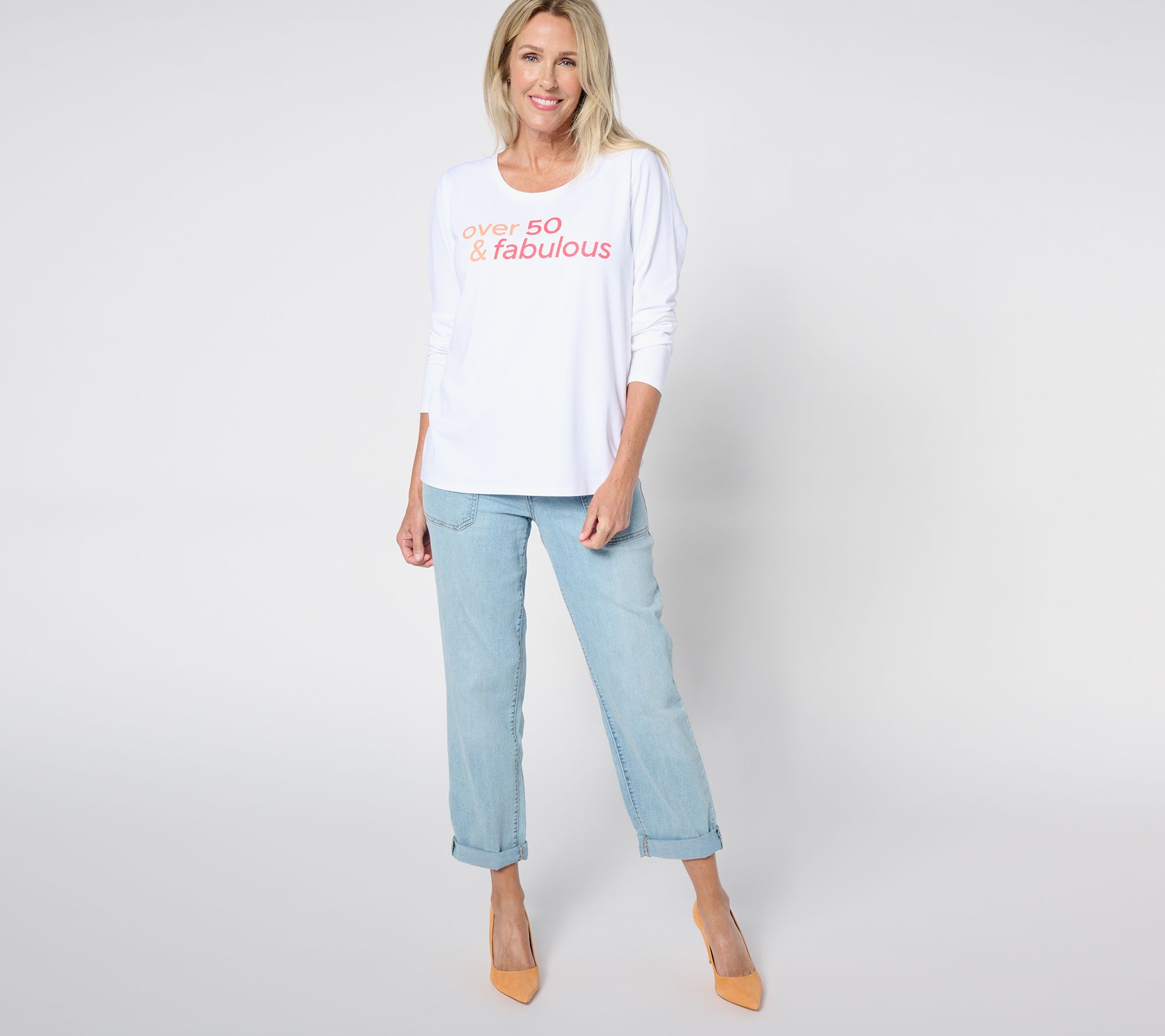 "As Is" Over 50 and Fabulous Round Neck Long - Sleeve Graphic Top - QVC.com