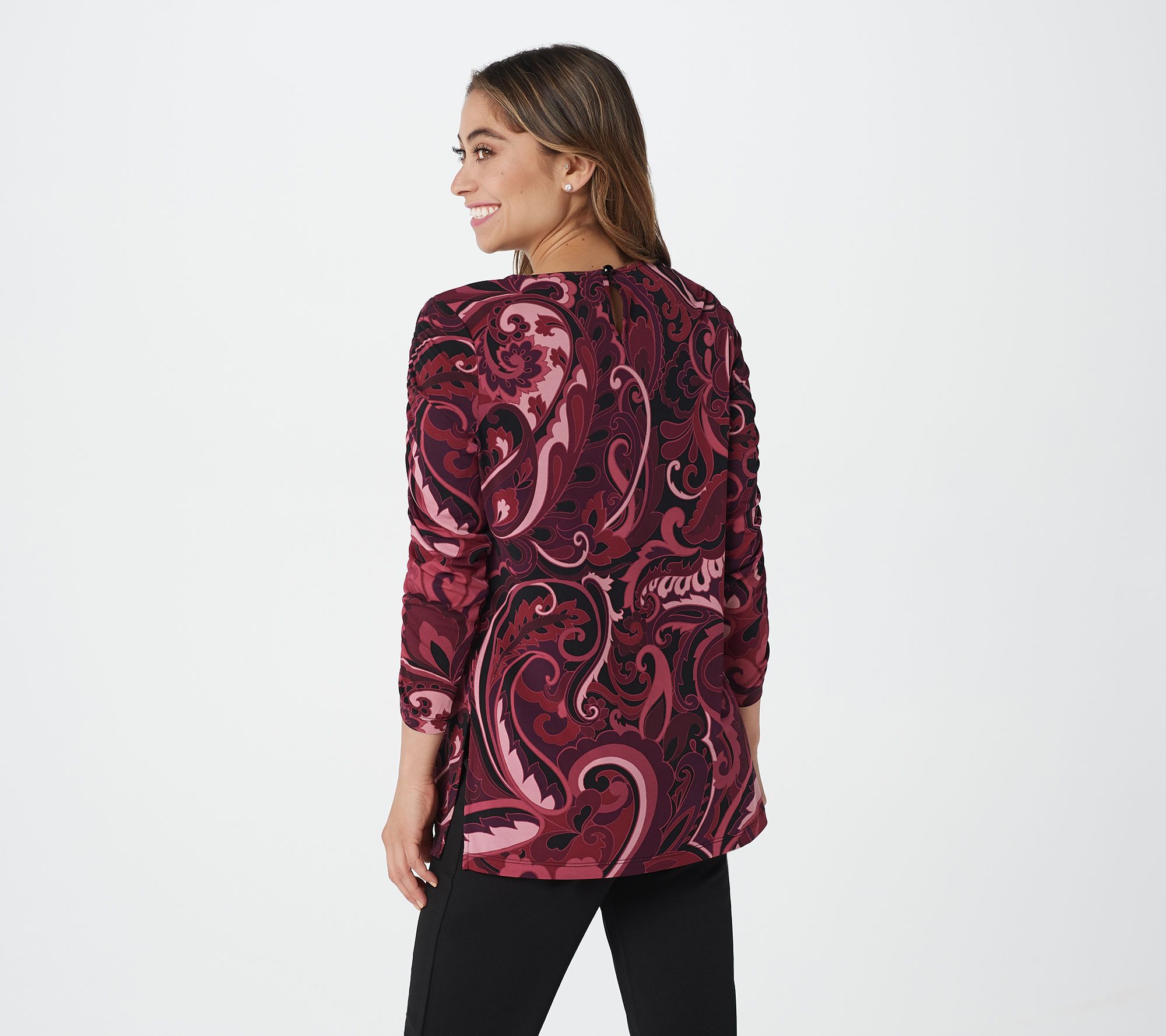 As Is Susan Graver Printed Liquid Knit Tunic With Ruched Sleeves