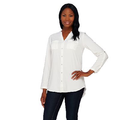 Denim & Co. Woven Button Front Shirt with Roll Tab Sleeve - QVC.com