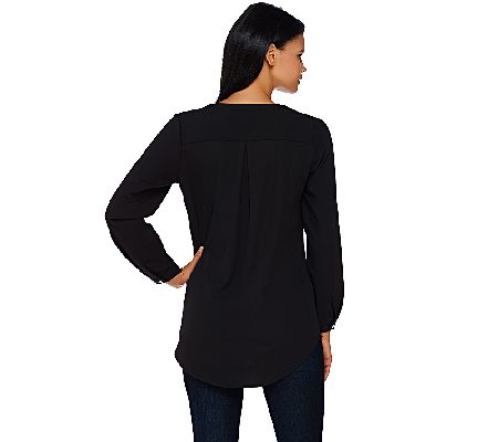 Denim & Co. Woven Button Front Shirt with Roll Tab Sleeve - QVC.com