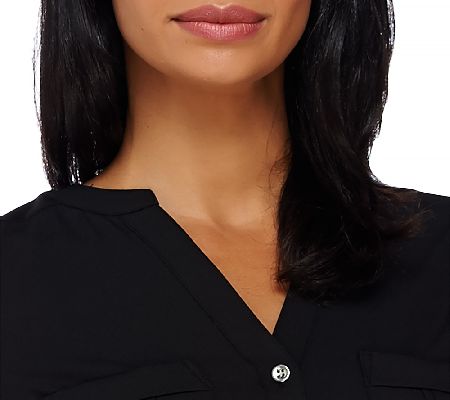 Denim & Co. Woven Button Front Shirt with Roll Tab Sleeve - QVC.com