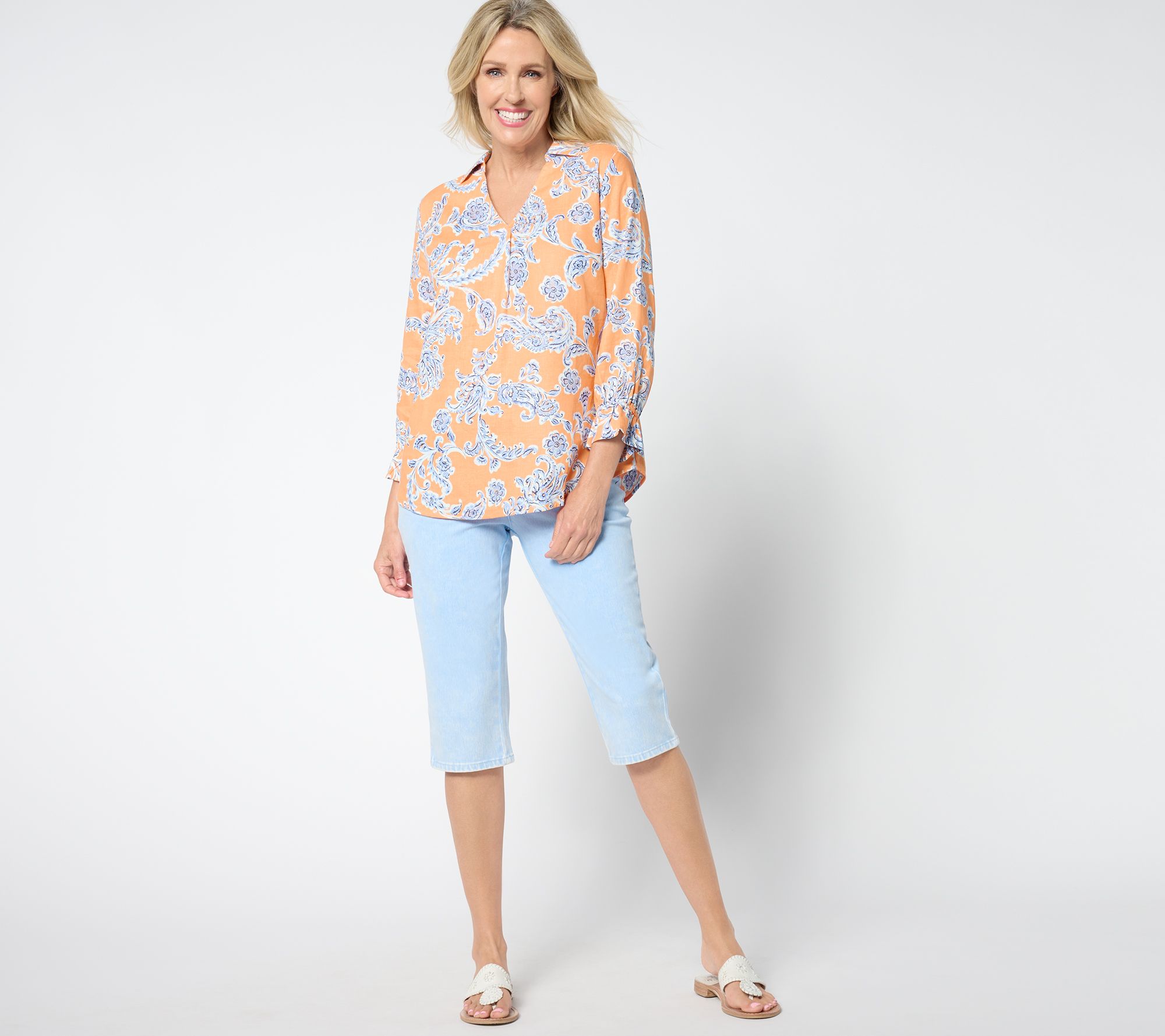 "As Is" Belle by Kim Gravel Linen Rayon True Blue Popover Blouse - QVC.com
