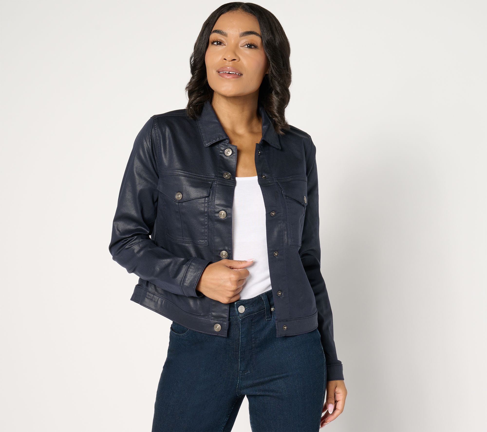 "As Is" nicole by Nicole Miller Coated Denim Jacket - Navy - QVC.com