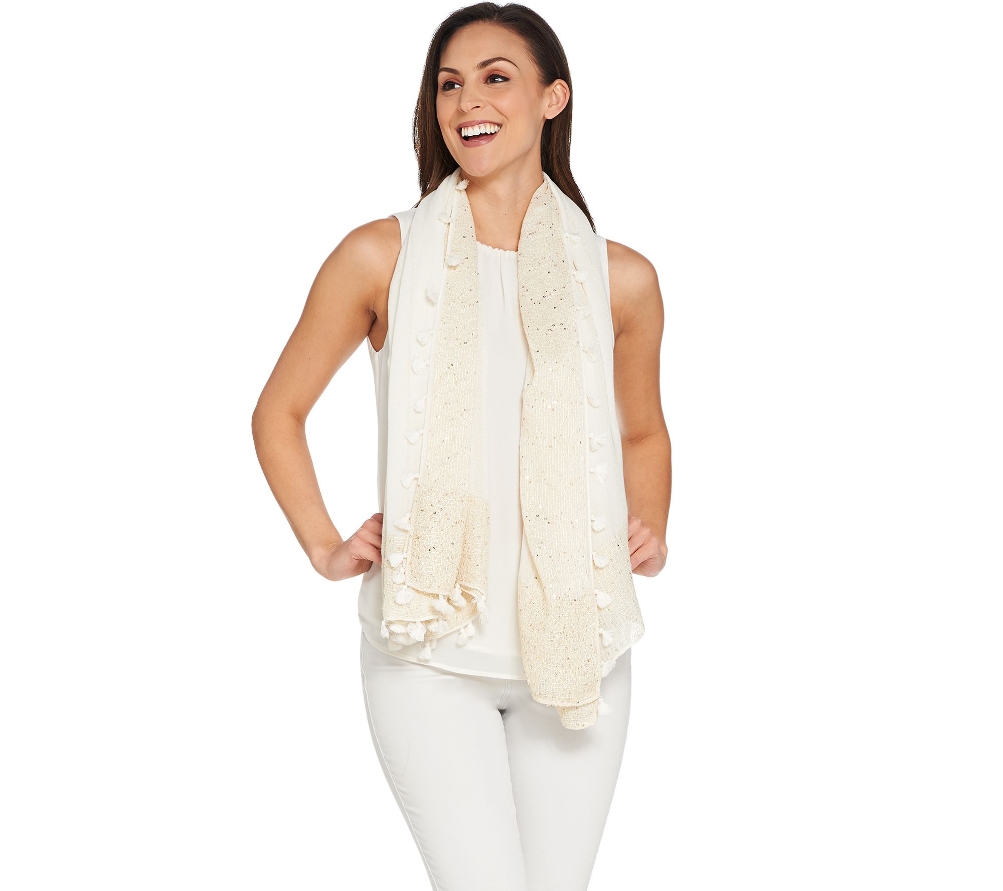 "As Is" BROOKE SHIELDS Timeless Metallic Tassel Square Scarf - QVC.com