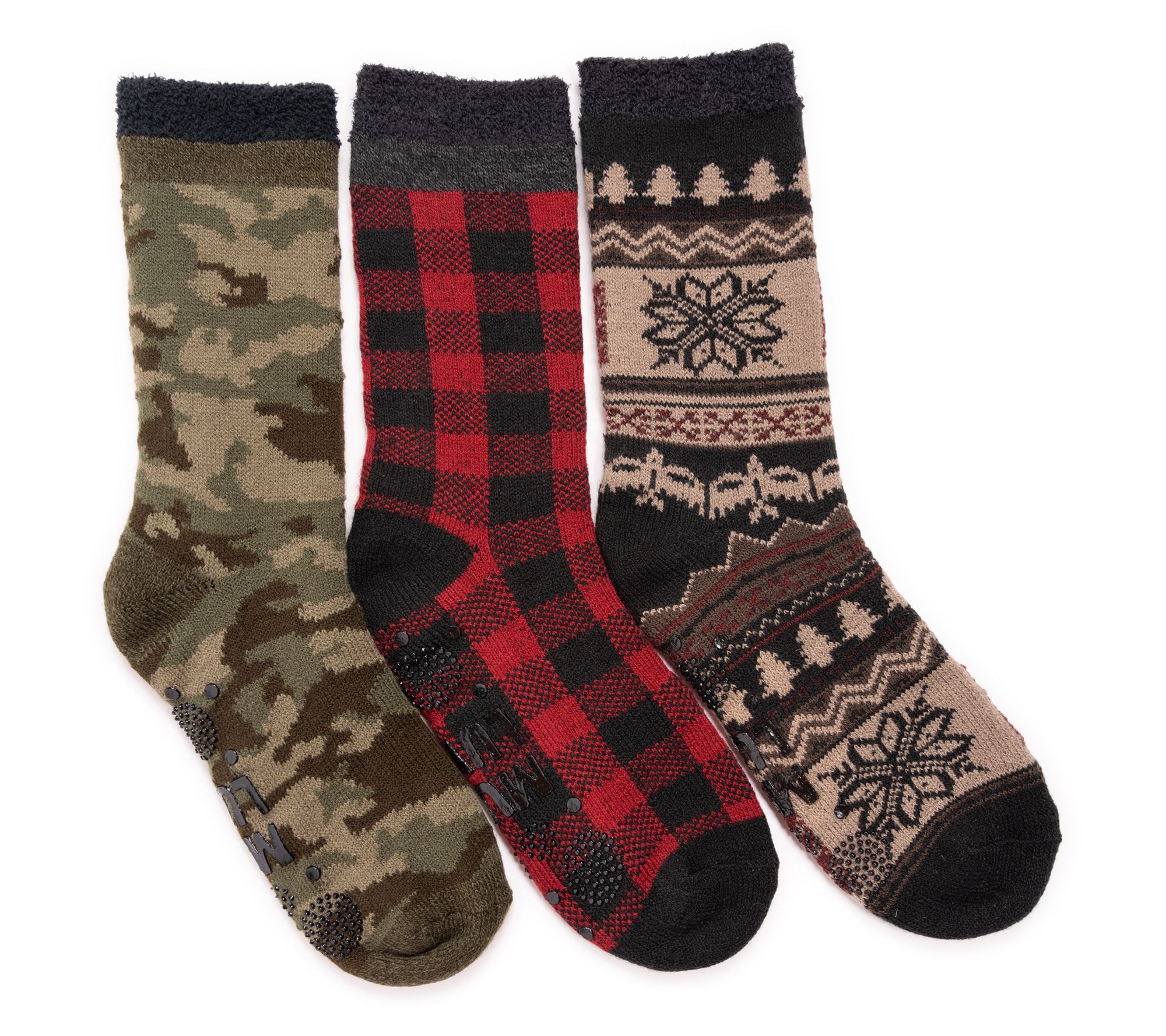 MUK LUKS Men's S/3 Faux Sherling-Lined Socks w/ Non-Skid Soles - QVC.com