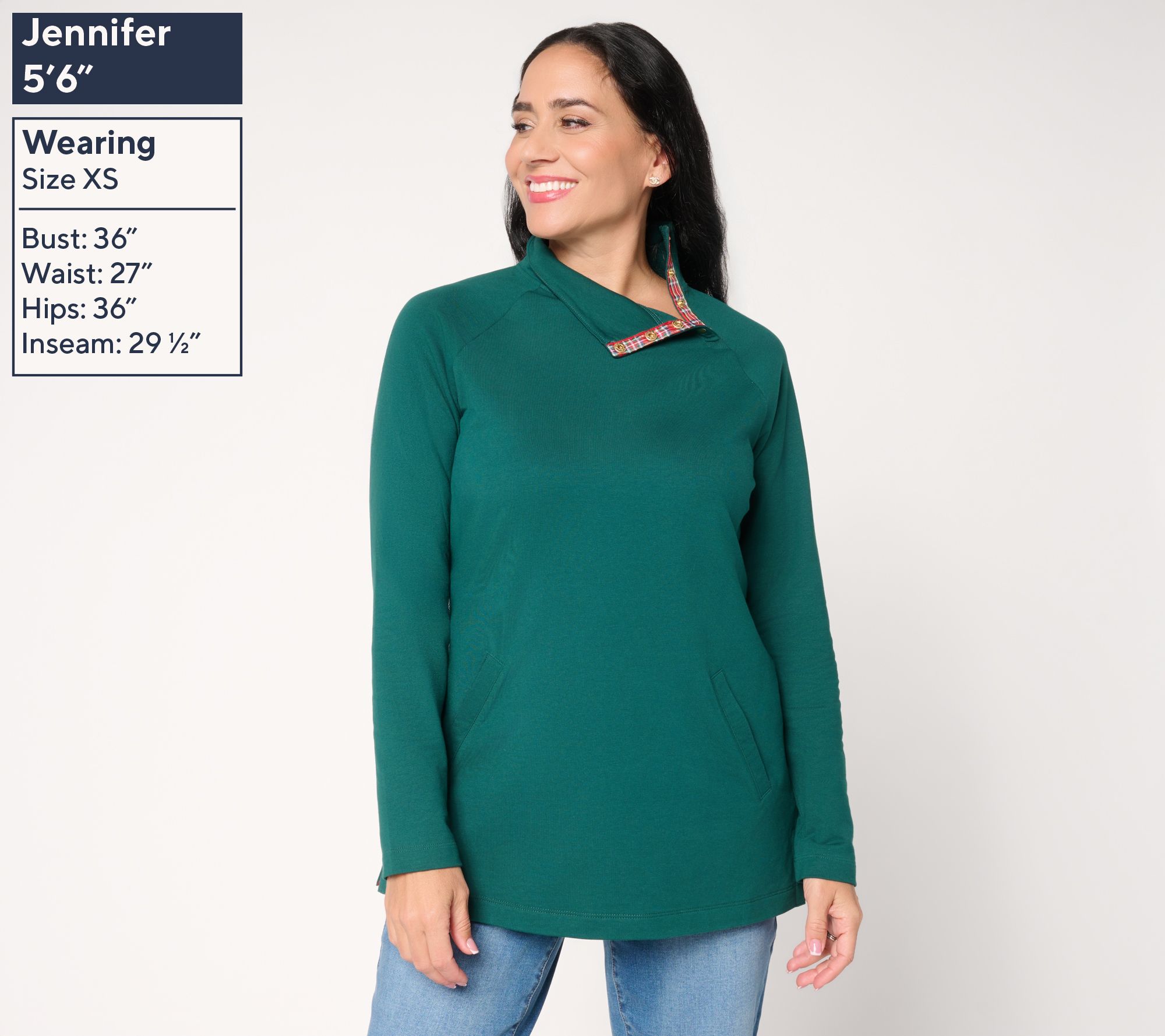 Denim & Co. French Terry Mock Neck Tunic with Plaid Trim - QVC.com
