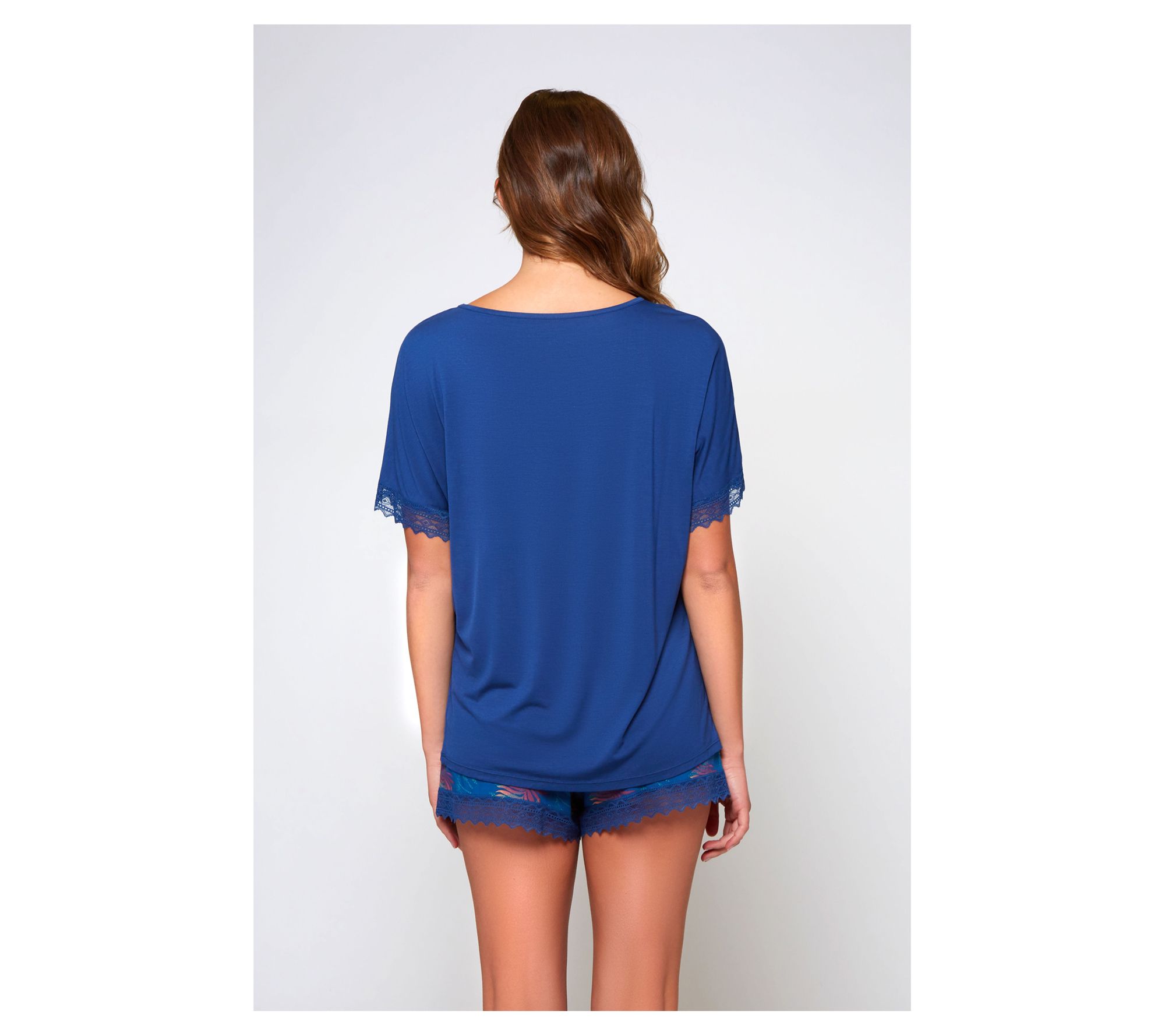 iCollection Lace Detail Top & Short Lounge Set - Navy - QVC.com
