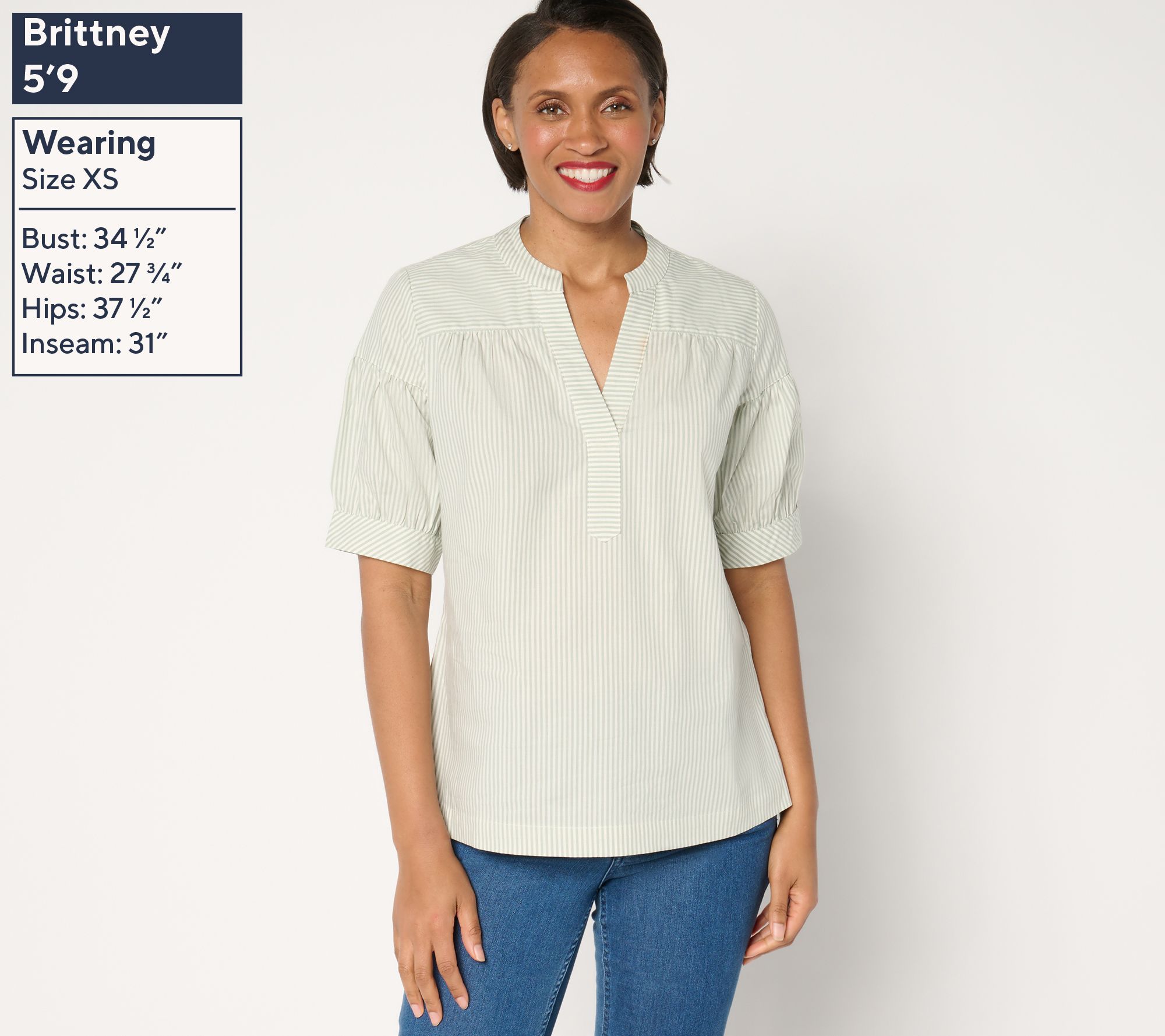 "As Is" Denim & Co. Poplin Yarn-Dye Elbow Sleeve Woven Top - QVC.com