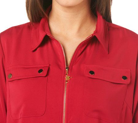 Susan Graver Solid Stretch Peachskin Zip Front Jacket with Gold Snaps ...