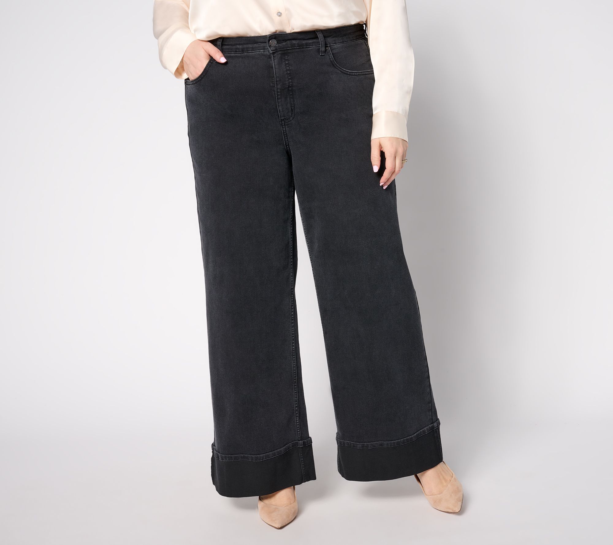 Me by Jennie Garth Regular Washed Black Cuffed Wide Leg Jeans - QVC.com
