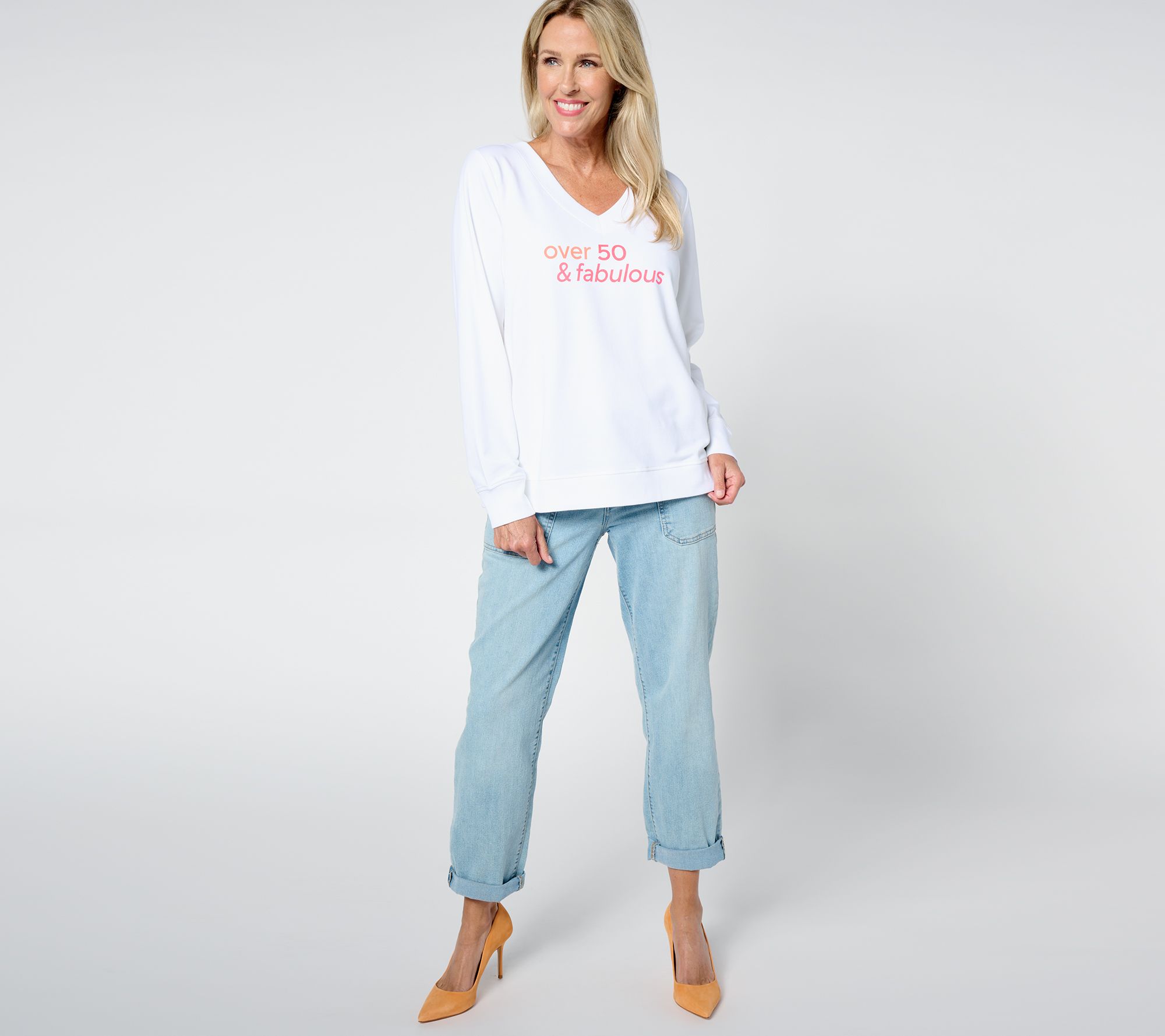 "As Is" Over 50 and Fabulous V-Neck Long- Sleeve Graphic Sweatshirt ...