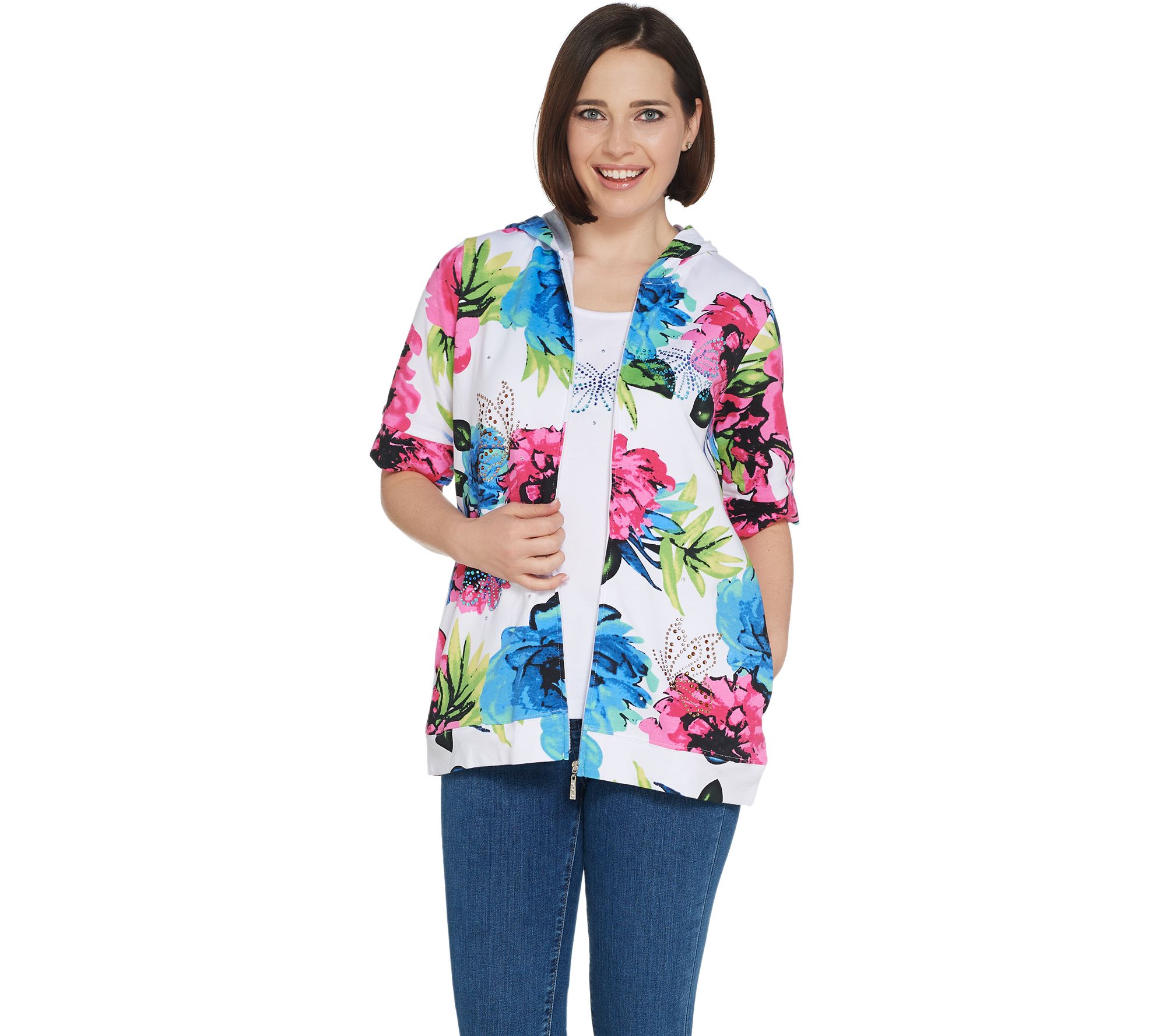 "As Is" Quacker Factory Floral Printed Jacket and Tank with Rhinestones ...