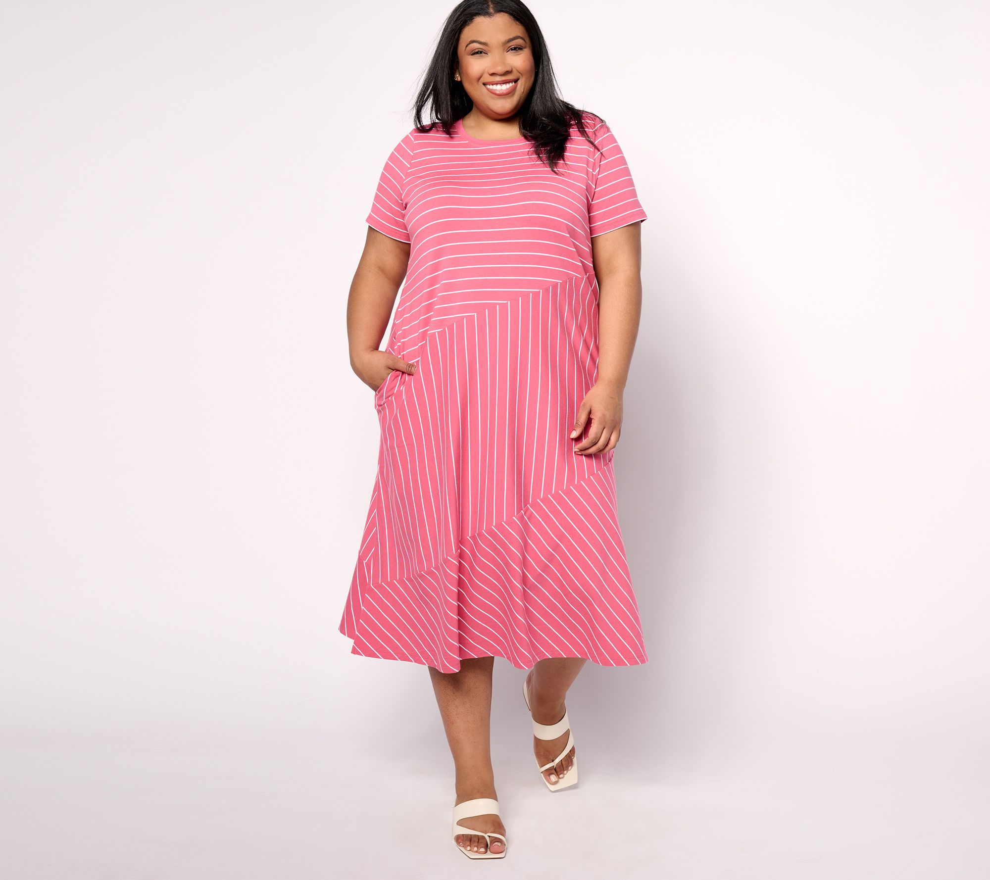 "As Is" Joan Rivers Petite Cotton Modal Pieced Stripe Midi Dress - QVC.com