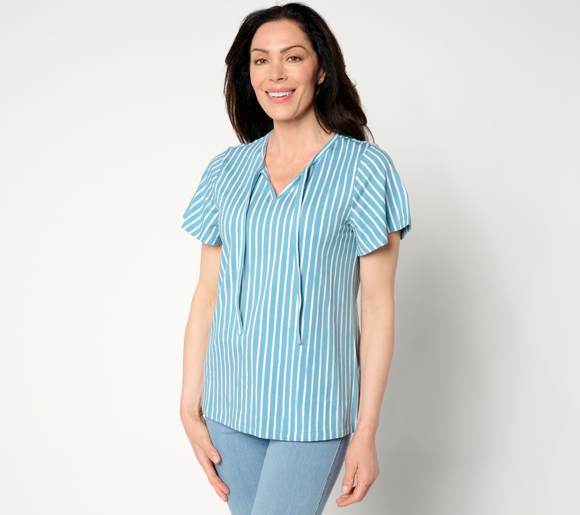 "As Is" Denim & Co. Striped Favorite Jersey Flutter Sleeve Split Neck Top - QVC.com