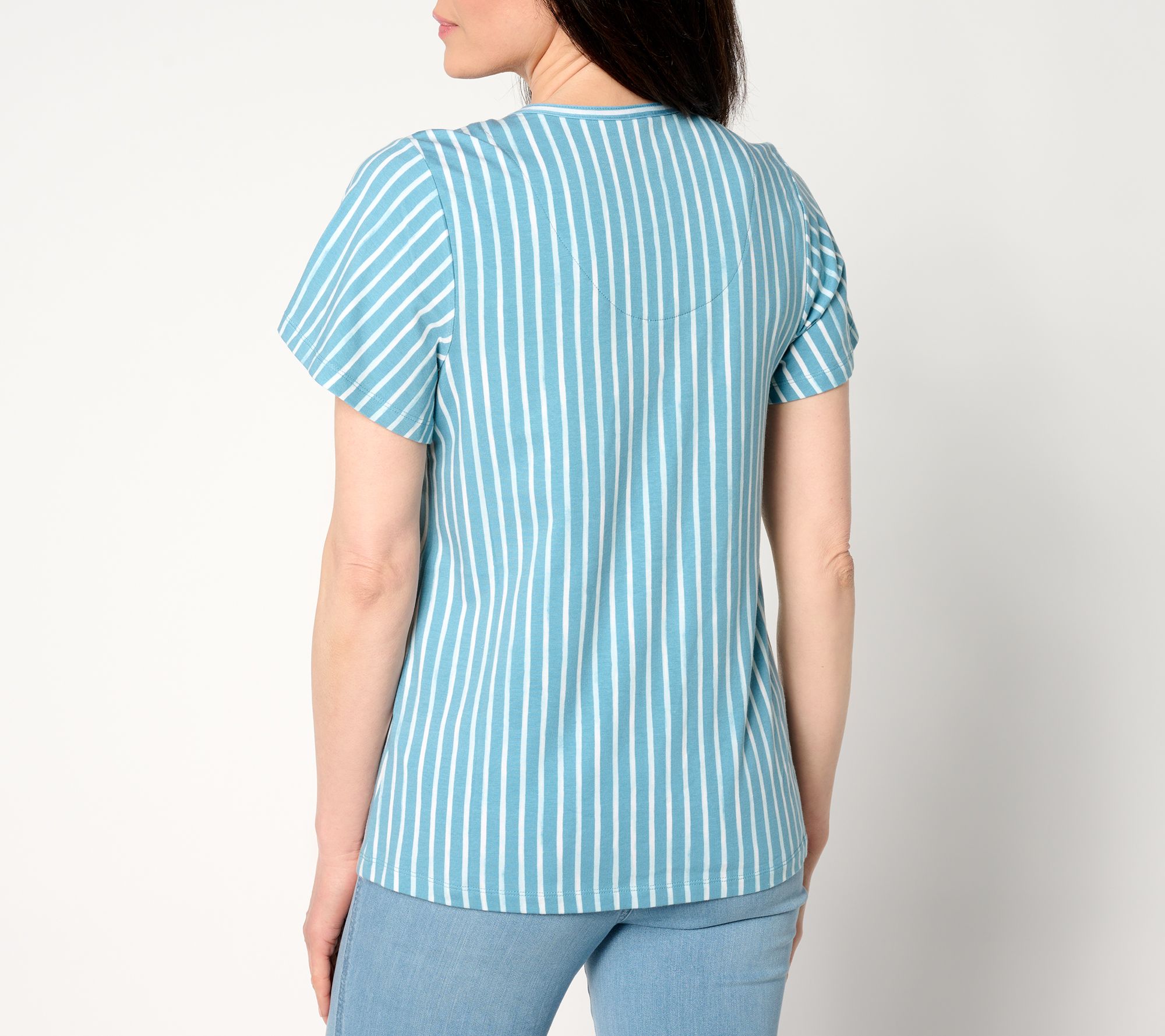 "As Is" Denim & Co. Striped Favorite Jersey Flutter Sleeve Split Neck Top - QVC.com