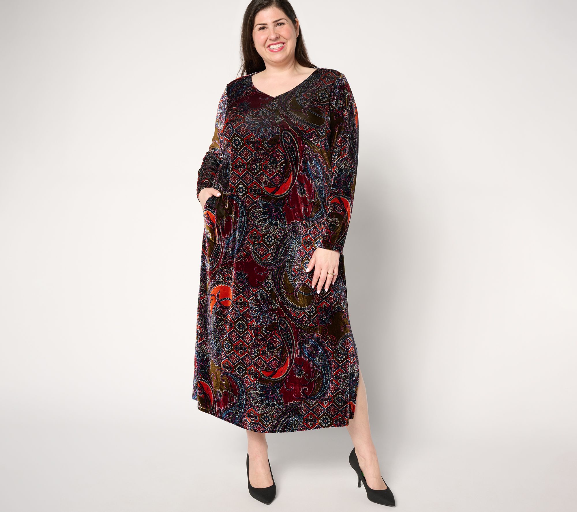 "As Is" Women with Control Regular Burnout Velvet V-Neck Dress - QVC.com