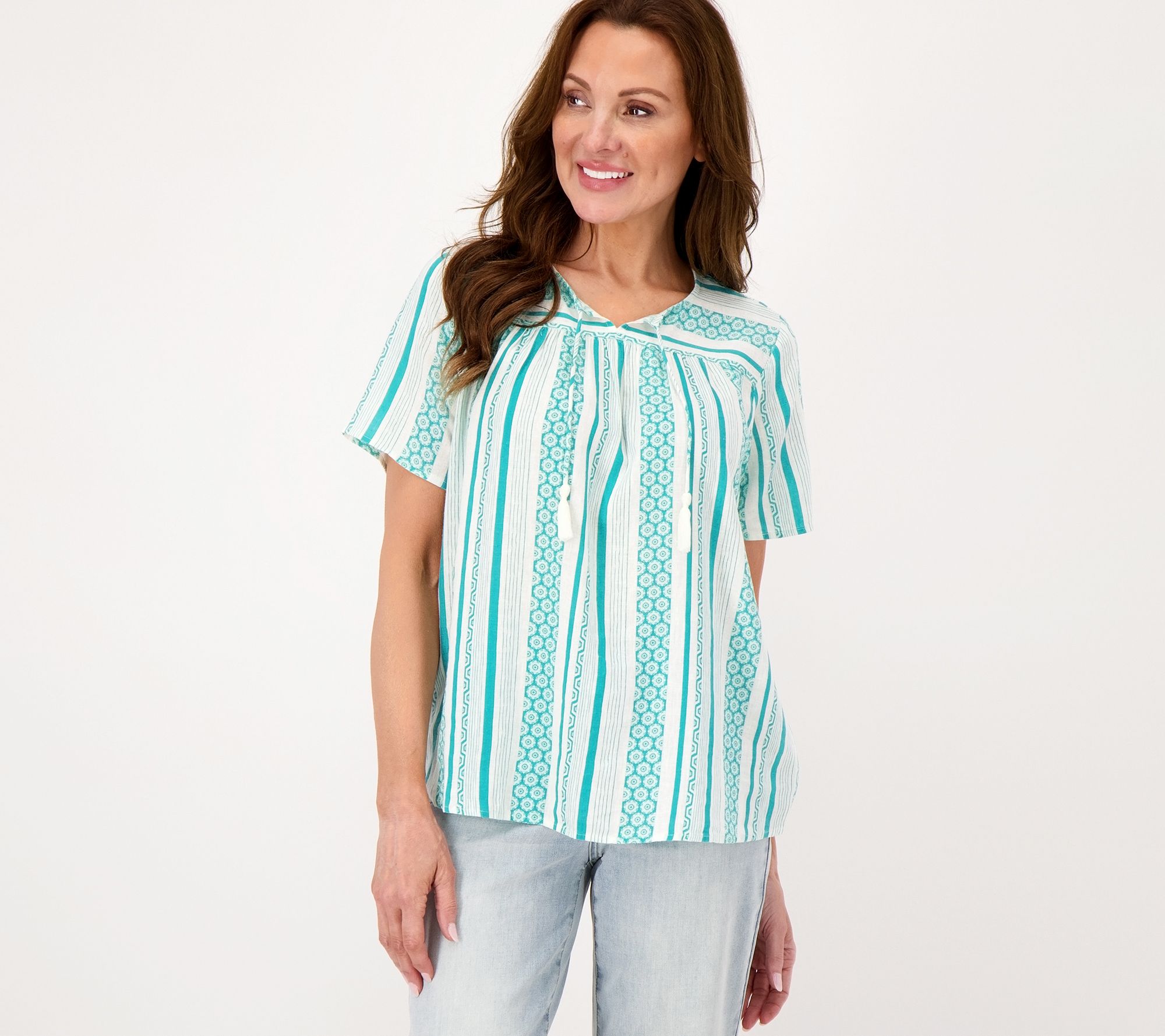 "As Is" Denim & Co. Naturals Linen Blend Short Sleeve Boho Top - QVC.com