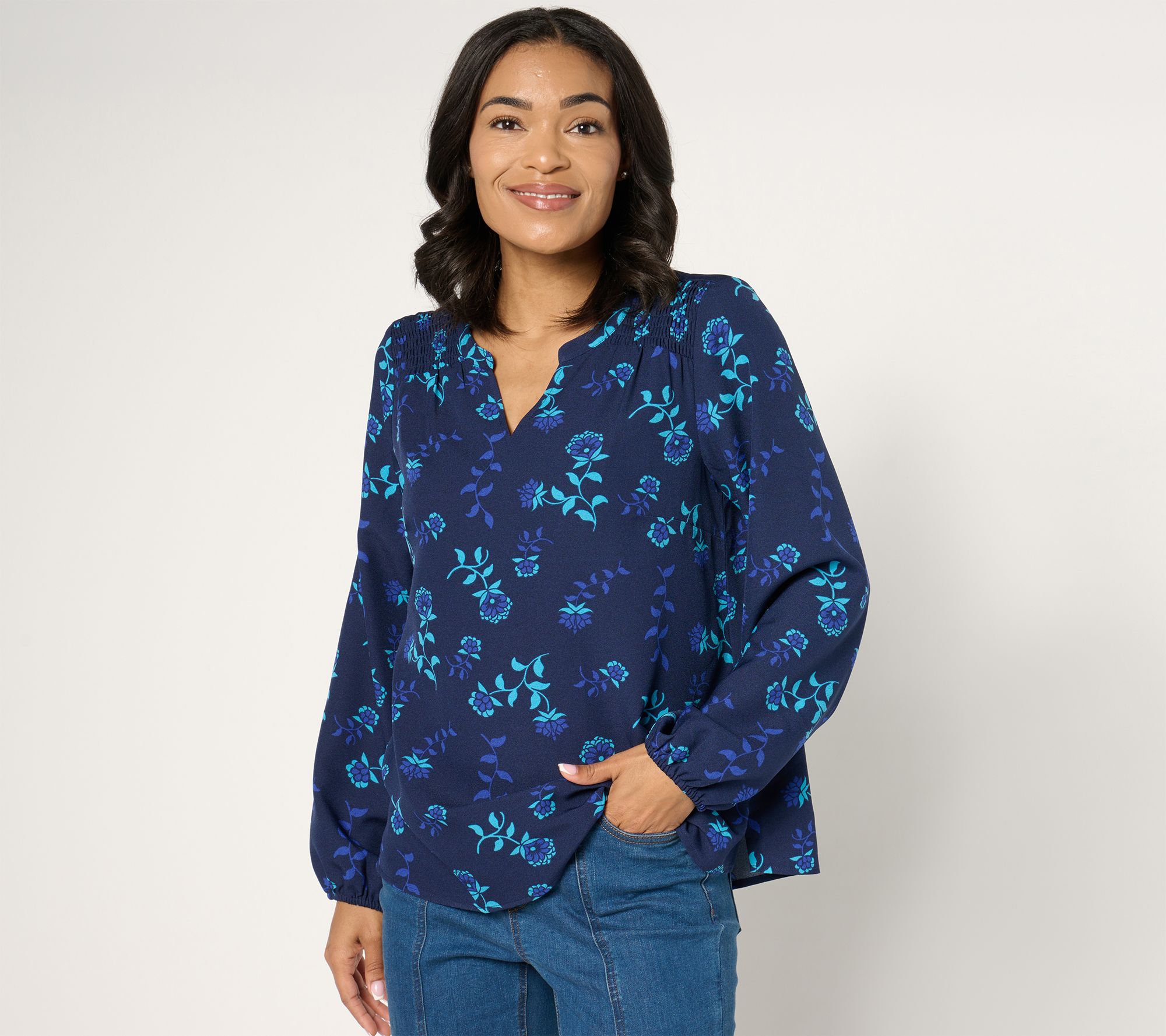 "As Is" Denim & Co. Signature Bold Print Balloon Sleeve Blouse - QVC.com