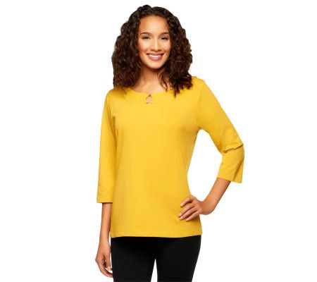 Denim & Co. 3/4 Sleeve Knit Top with Hardware Neckline Detail - QVC.com