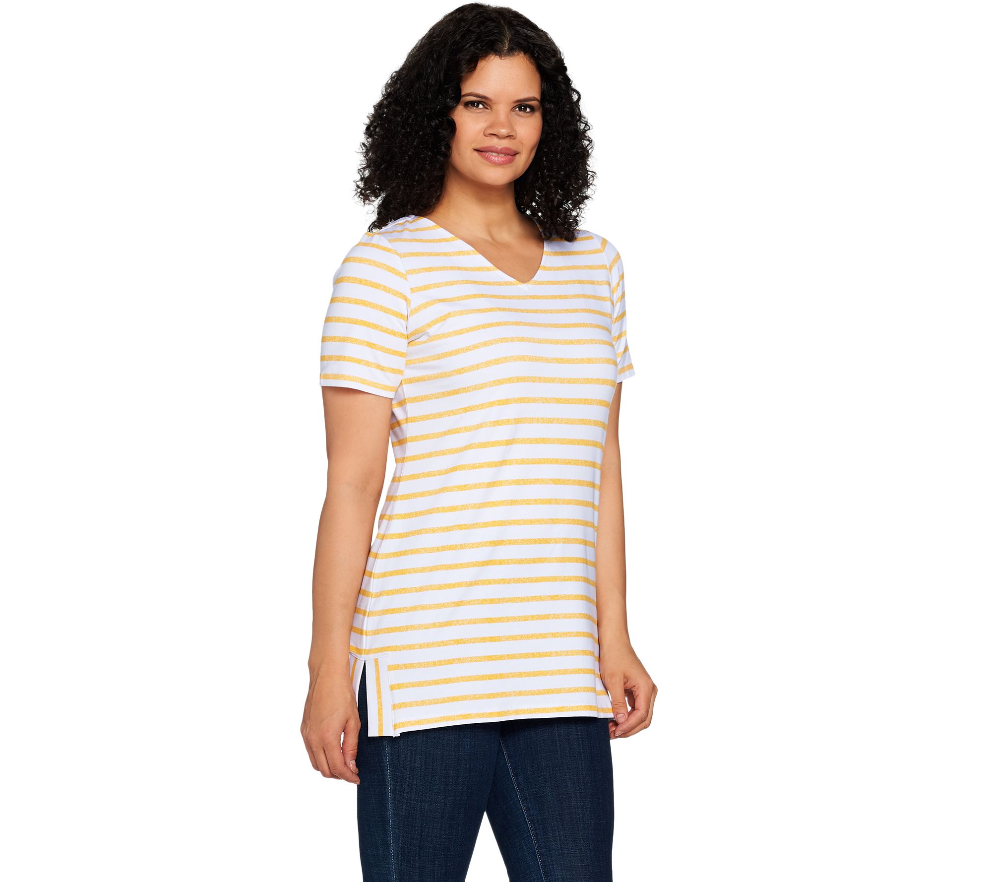 Denim & Co. Active Striped Short Sleeve V-Neck Tunic with Side Slits ...