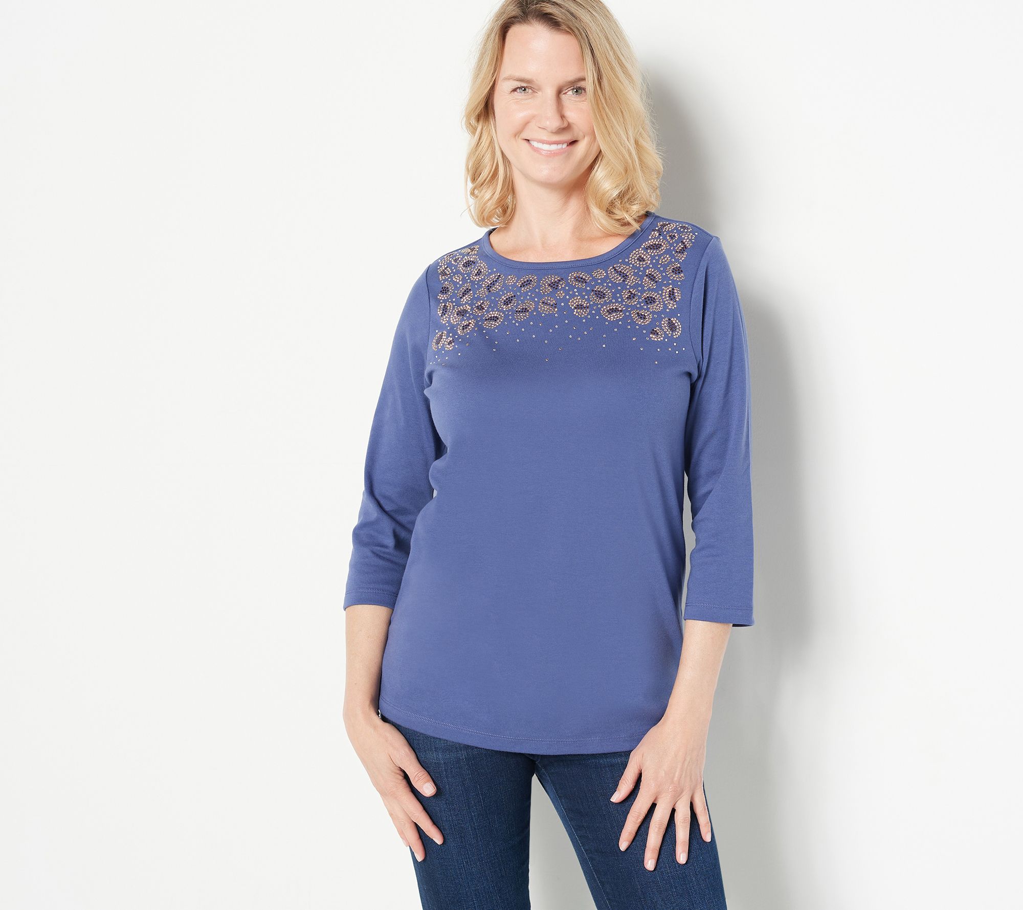 "As Is" Quacker Factory Rhinestone Leopard 3/4-Sleeve Top - QVC.com