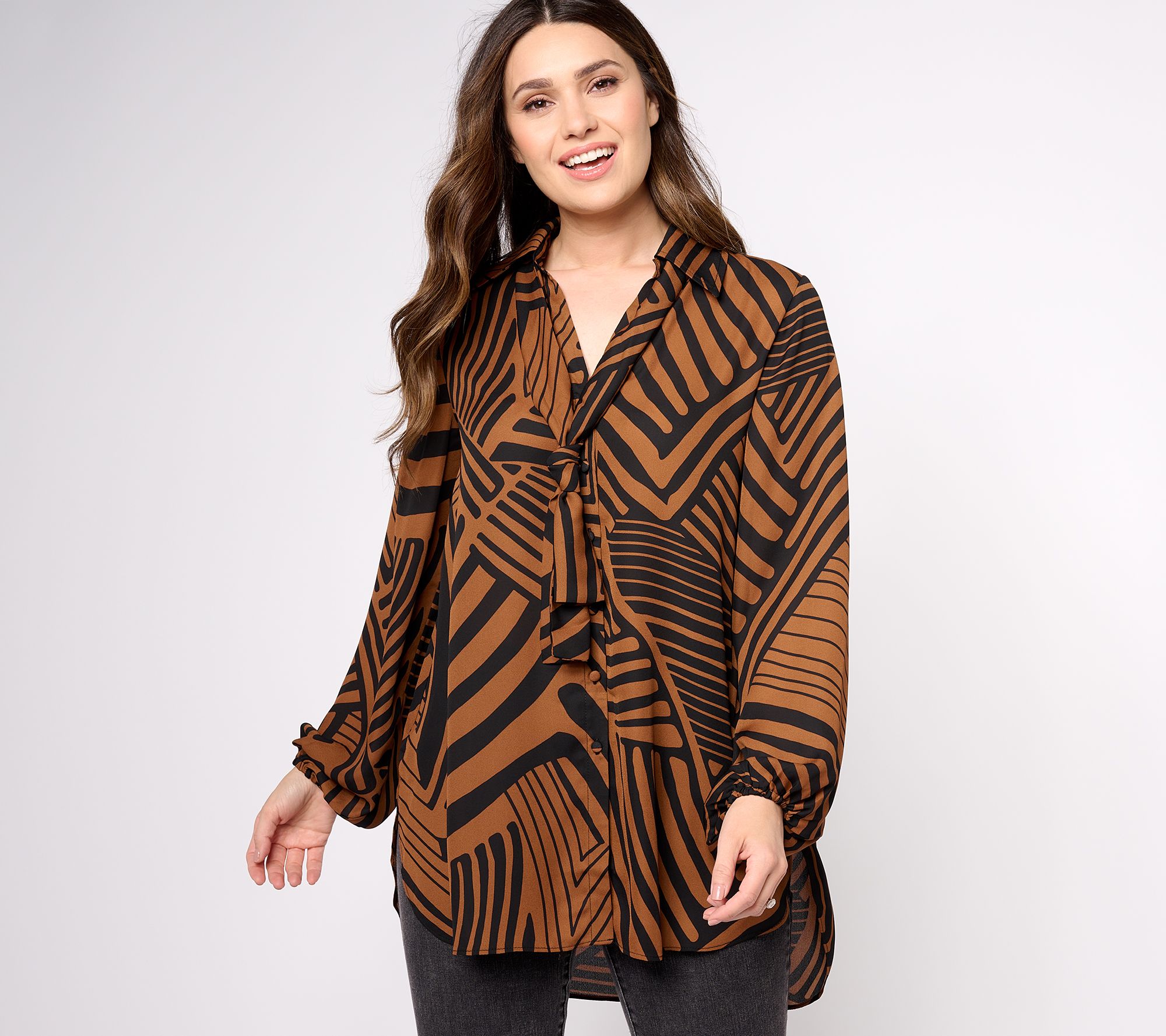 Dennis Basso Petite Printed Woven Hi-Lo Tunic w/ Detach -able Scarf ...