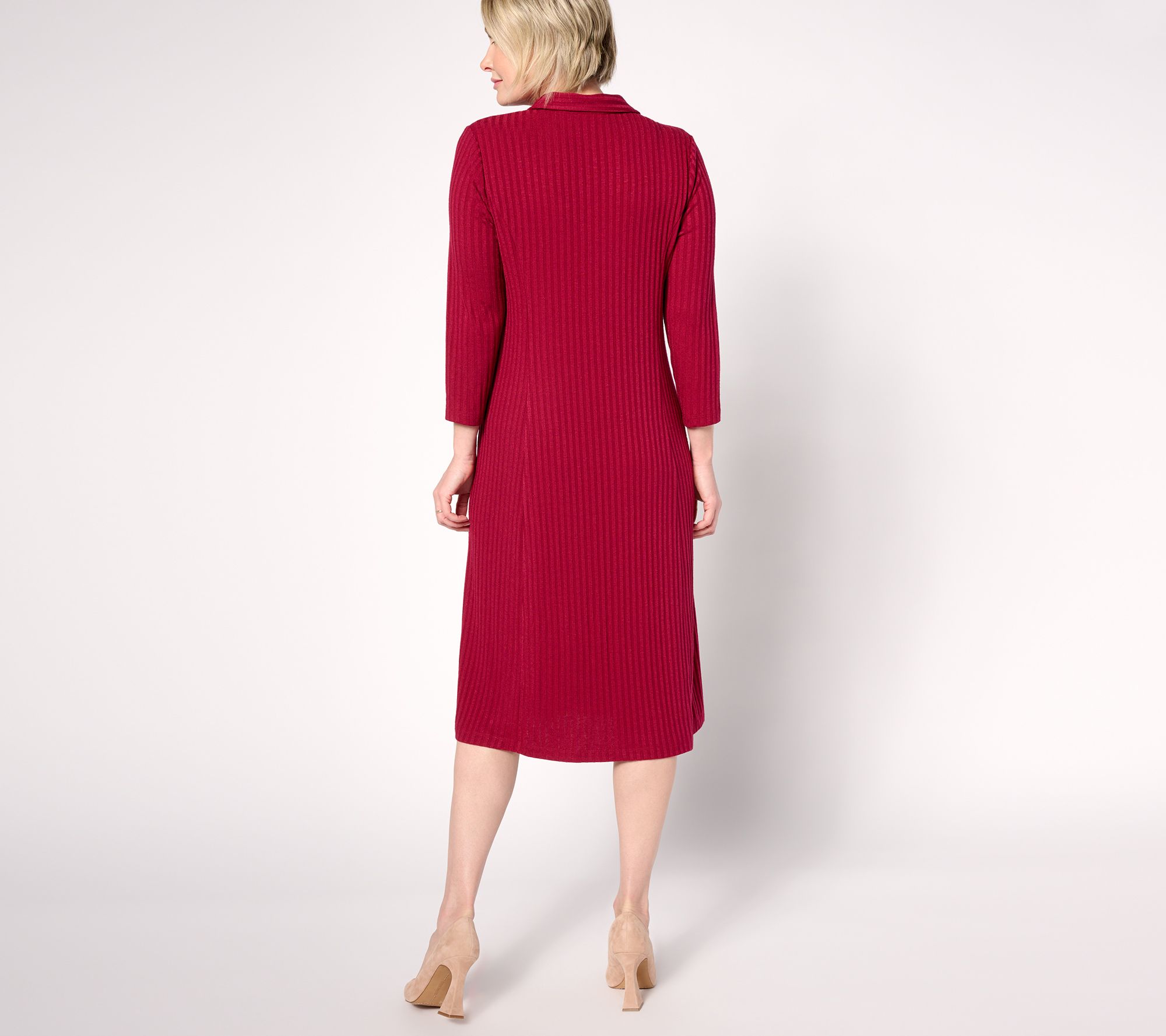 Susan Graver Sweater Rib Knit 3 4 Sleeve Button Front Midi Dress