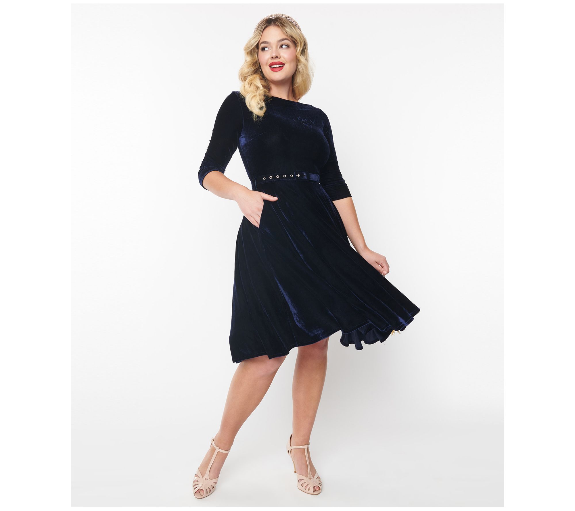 Unique Vintage Navy Velvet Devon Swing Dress - QVC.com