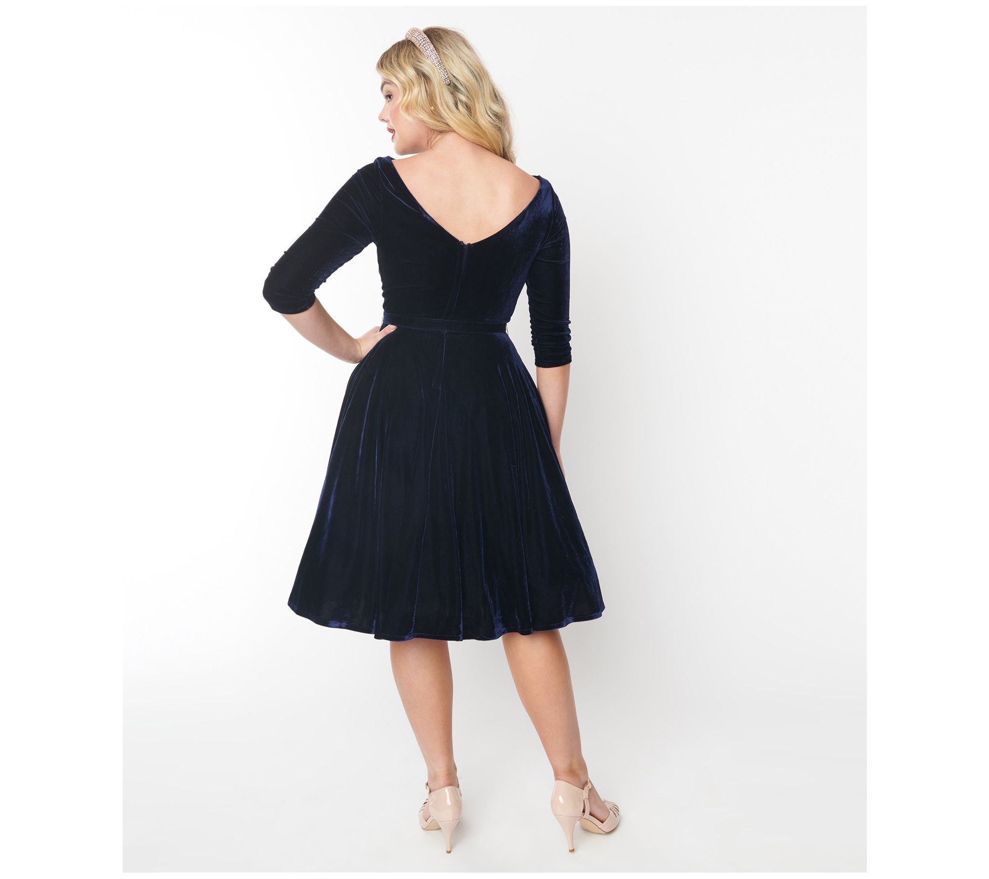 Unique Vintage Navy Velvet Devon Swing Dress - QVC.com