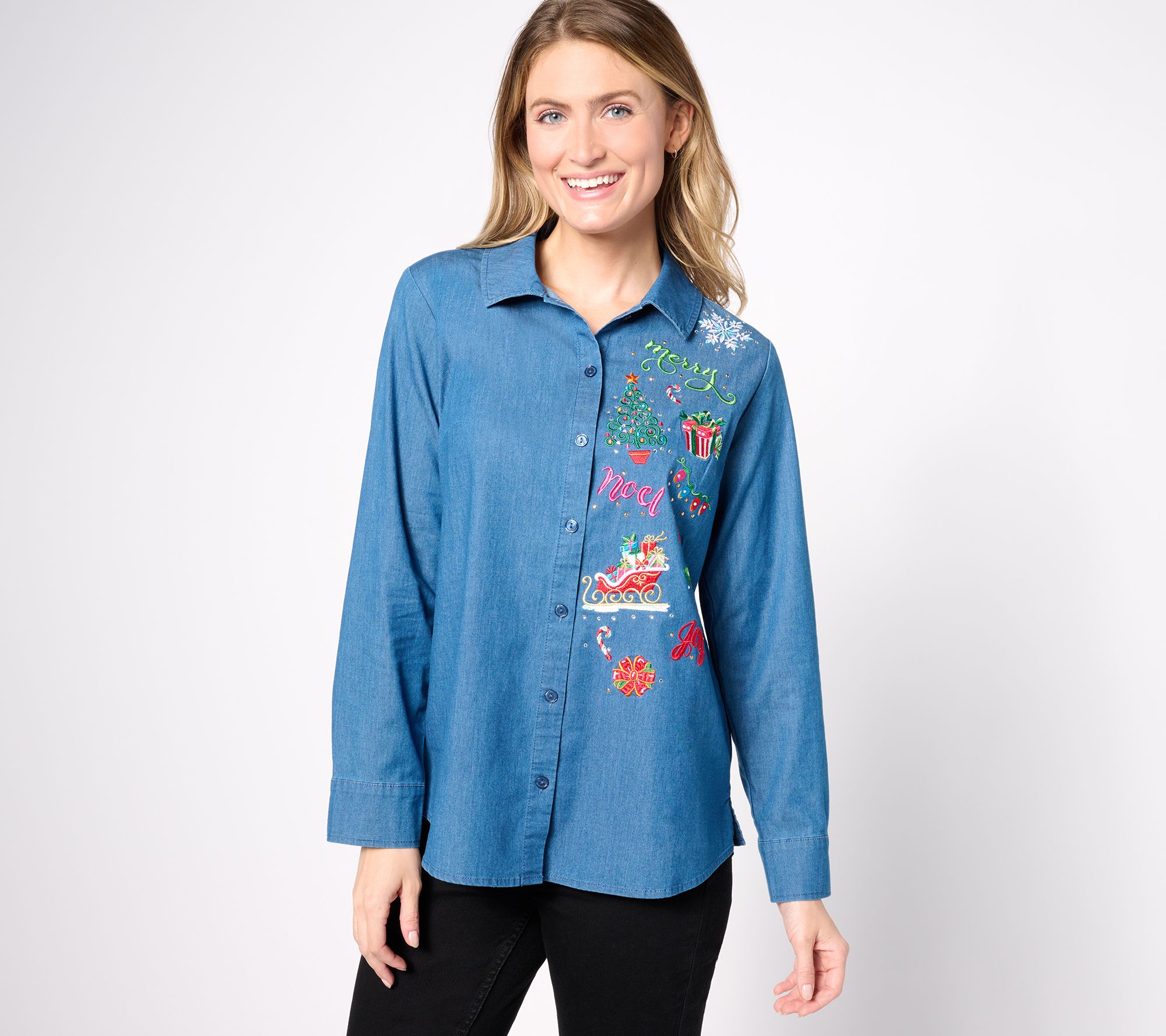 "As Is" Quacker Factory Yule Side Embroider Holiday Denim Shirt - QVC.com