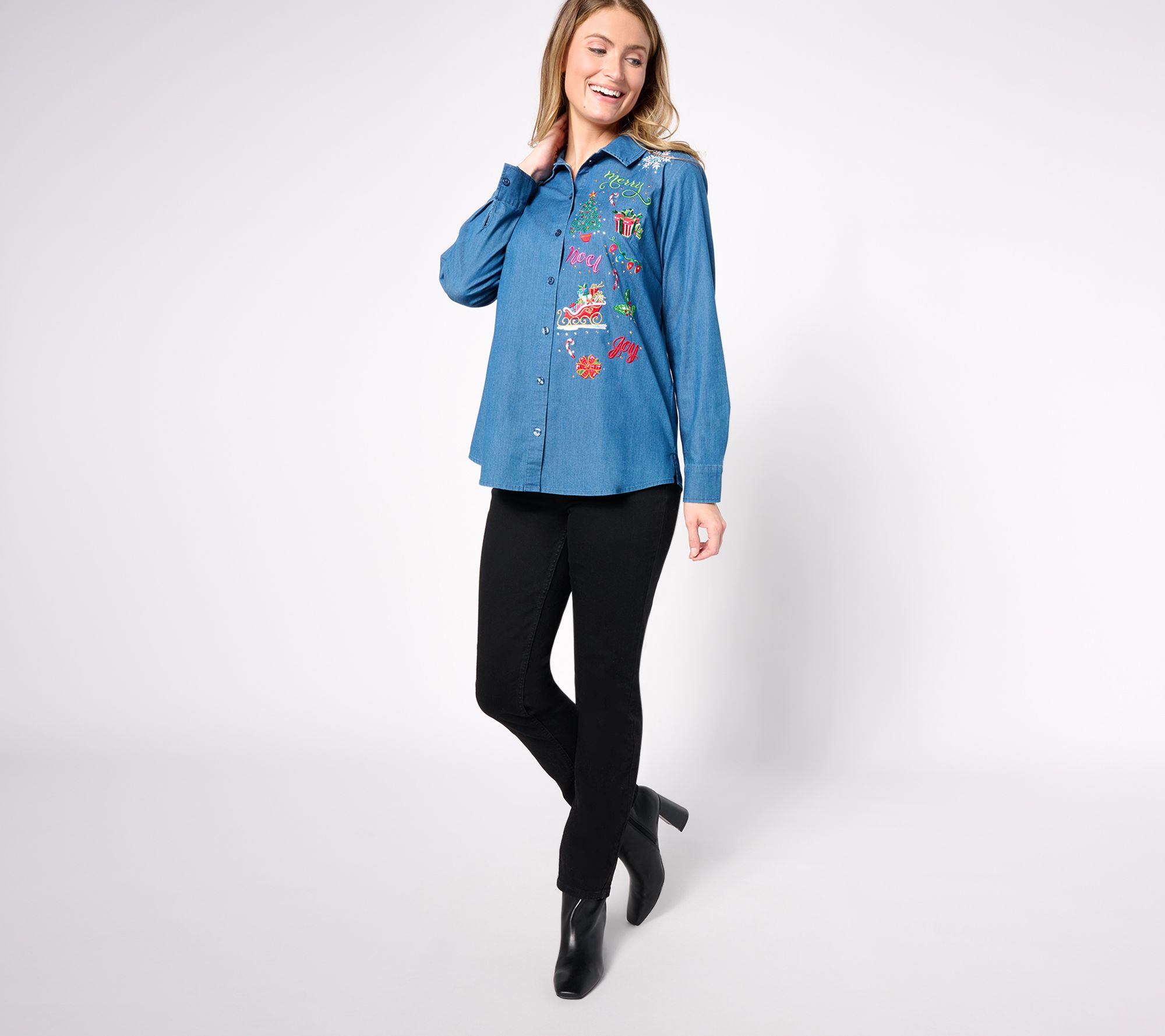 "As Is" Quacker Factory Yule Side Embroider Holiday Denim Shirt - QVC.com
