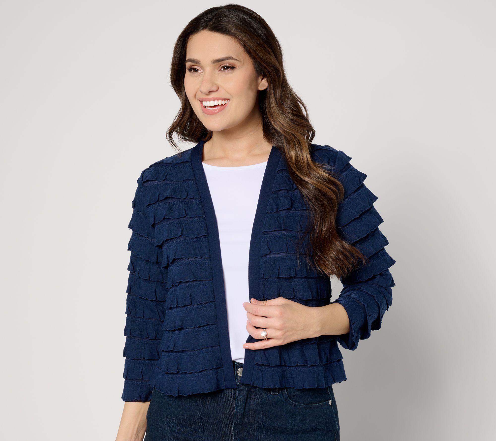 "As Is" Susan Graver Tiered Ruffle Knit 3/4 Sleeve Shrug - QVC.com