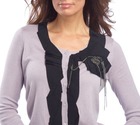 Pamela Dennis PCG Cardigan with Ribbon & Chain Embellishment - QVC.com