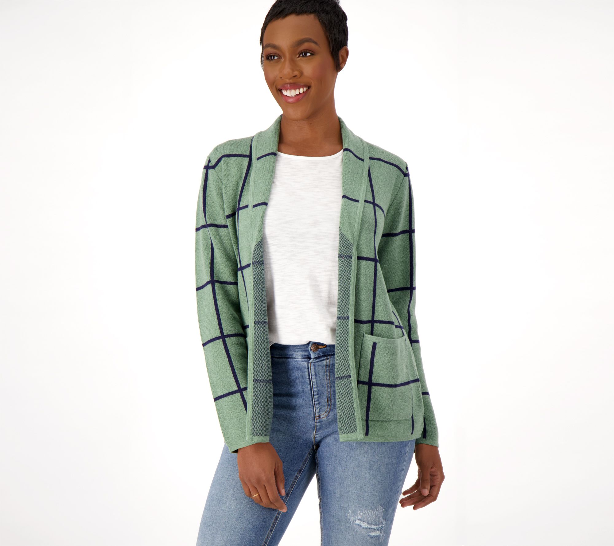 "As Is" Denim & Co. Jacquard One Button Sweater Coat with Pockets - QVC.com
