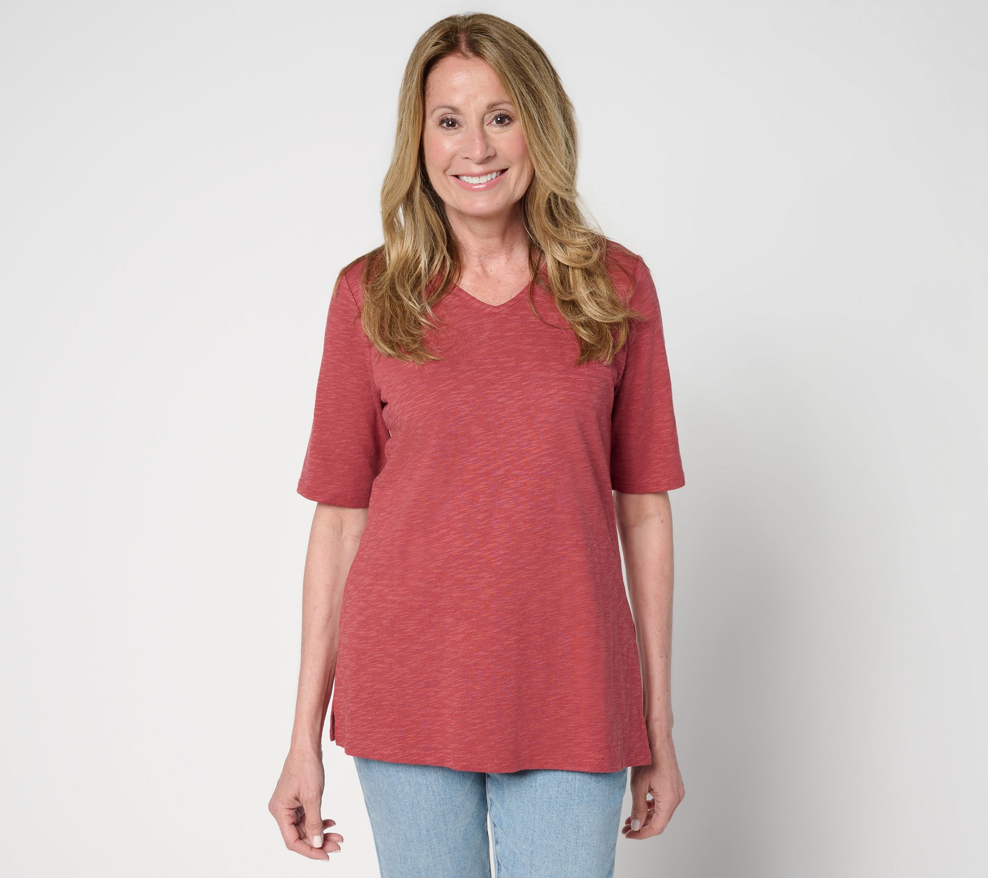Denim & Co. Print or Solid Slub Jersey Elbow Sleeve V-Neck Tunic - QVC.com