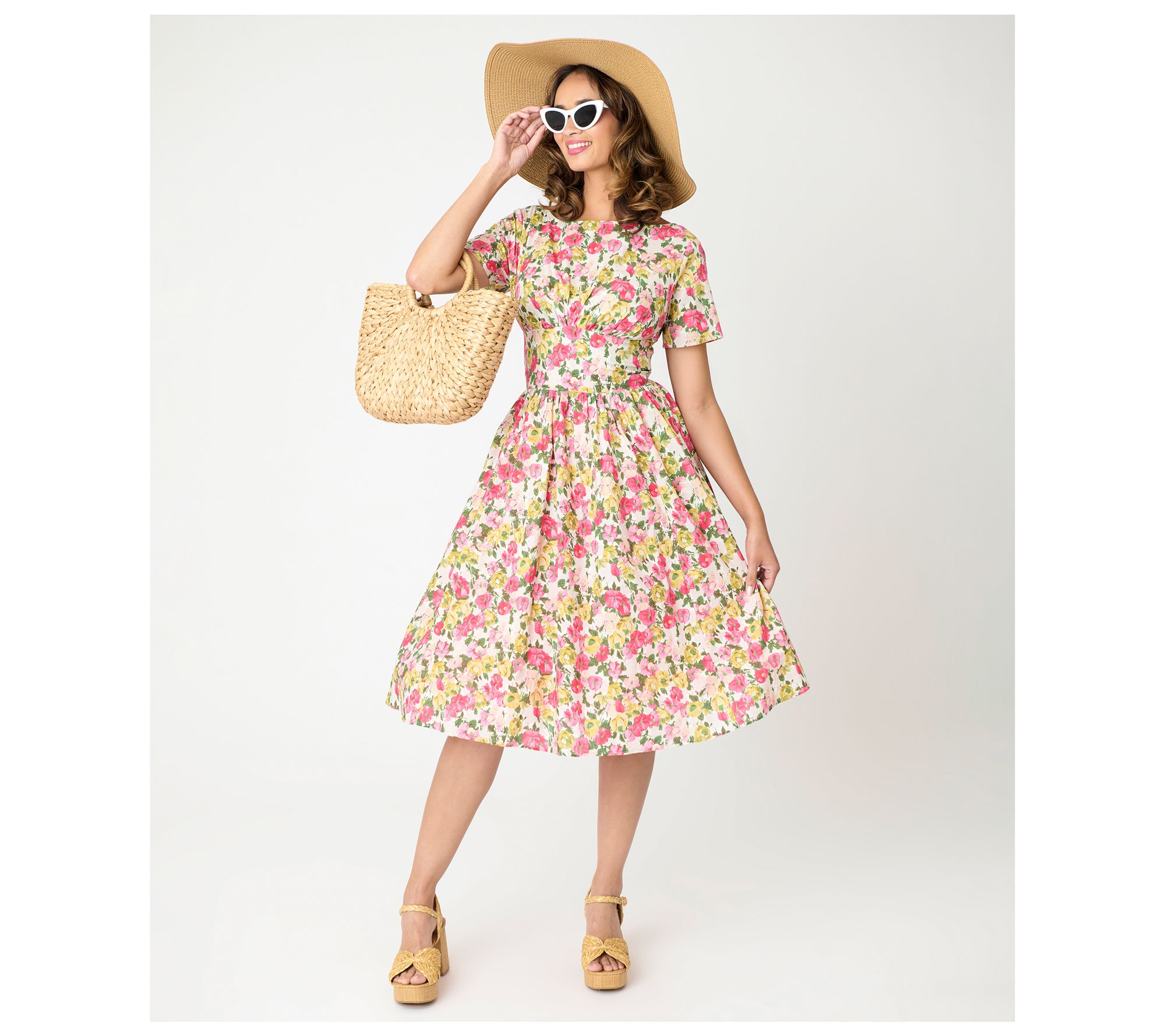 Unique Vintage Yellow & Pink Floral Cotton Swing Dress - QVC.com