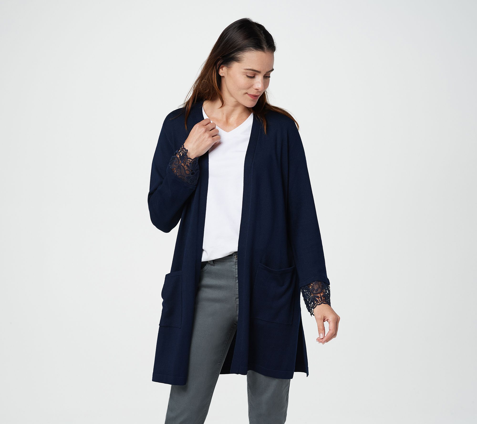 Susan Graver Rayon Nylon Sweater Cardigan with Lace Cuffs - QVC.com