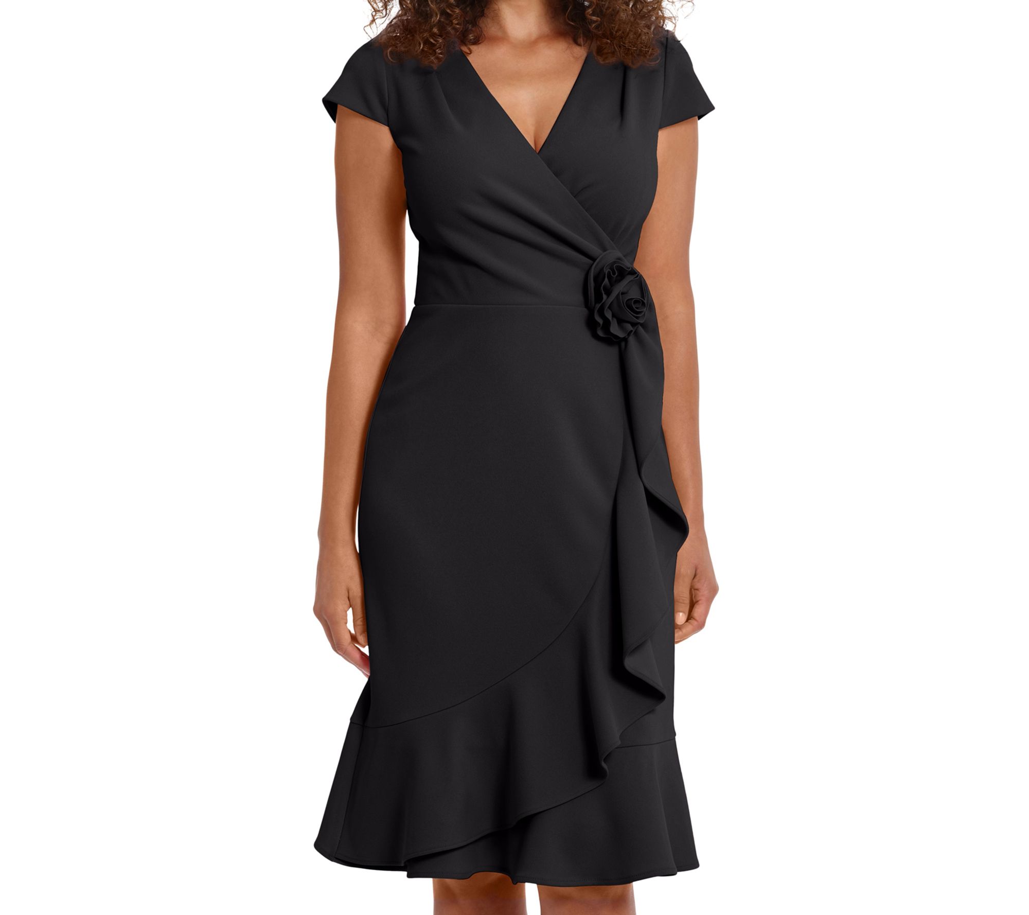 London Times Cap Sleeve Faux Wrap Dress with Rosette Detail - QVC.com